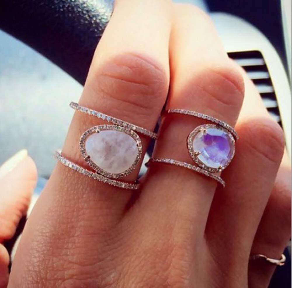 Weishu New Irregular Natural Moonstone Ring Plated in 14k Rose Gold Yellow Gold White Gold Micro-Inset Finger Ring (US Code 10)