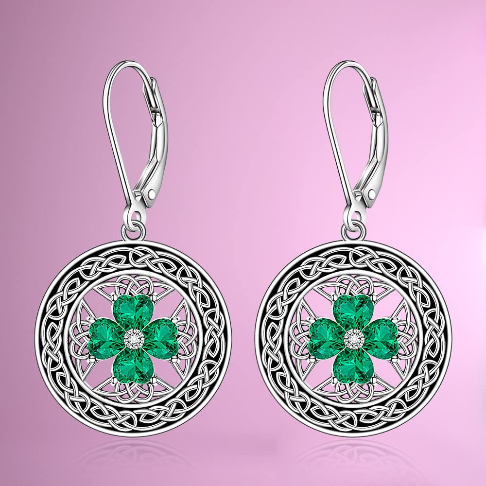 St Patricks Day Shamrock Earrings for Women Sterling Silver Green Celtic Knot Four Leaf Clover Irish Dangle Drop Earrings Crystal Vintage Black Circle Leverback Valentines Day Gift