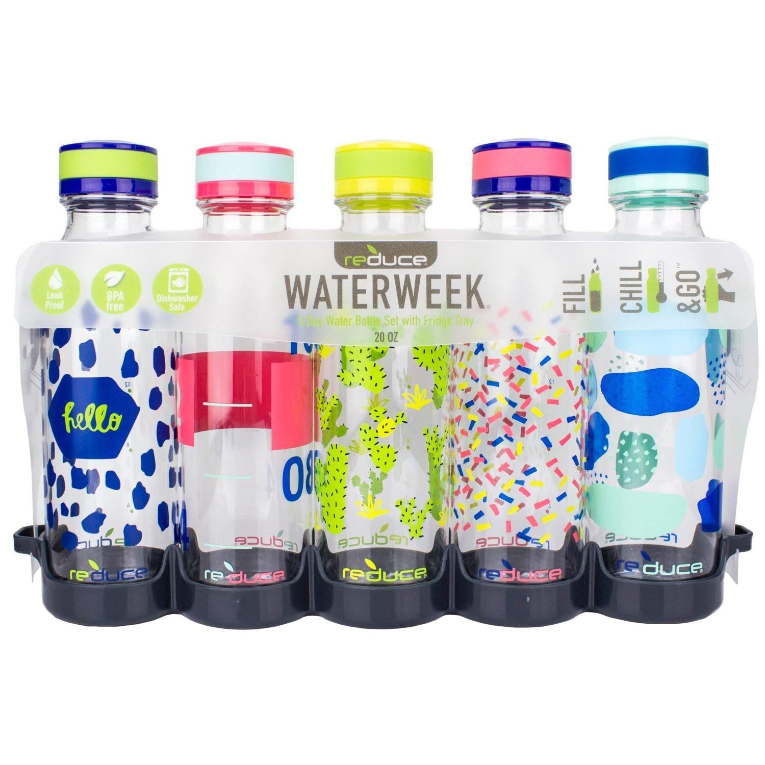 Reduce WaterWeek Reusable Water Bottle Set, 20oz β Plastic Reusable Water Bottle Set of 5, Plus Fridge Tray β BPA-Free, Leak Proof Twist Off Cap β Bliss