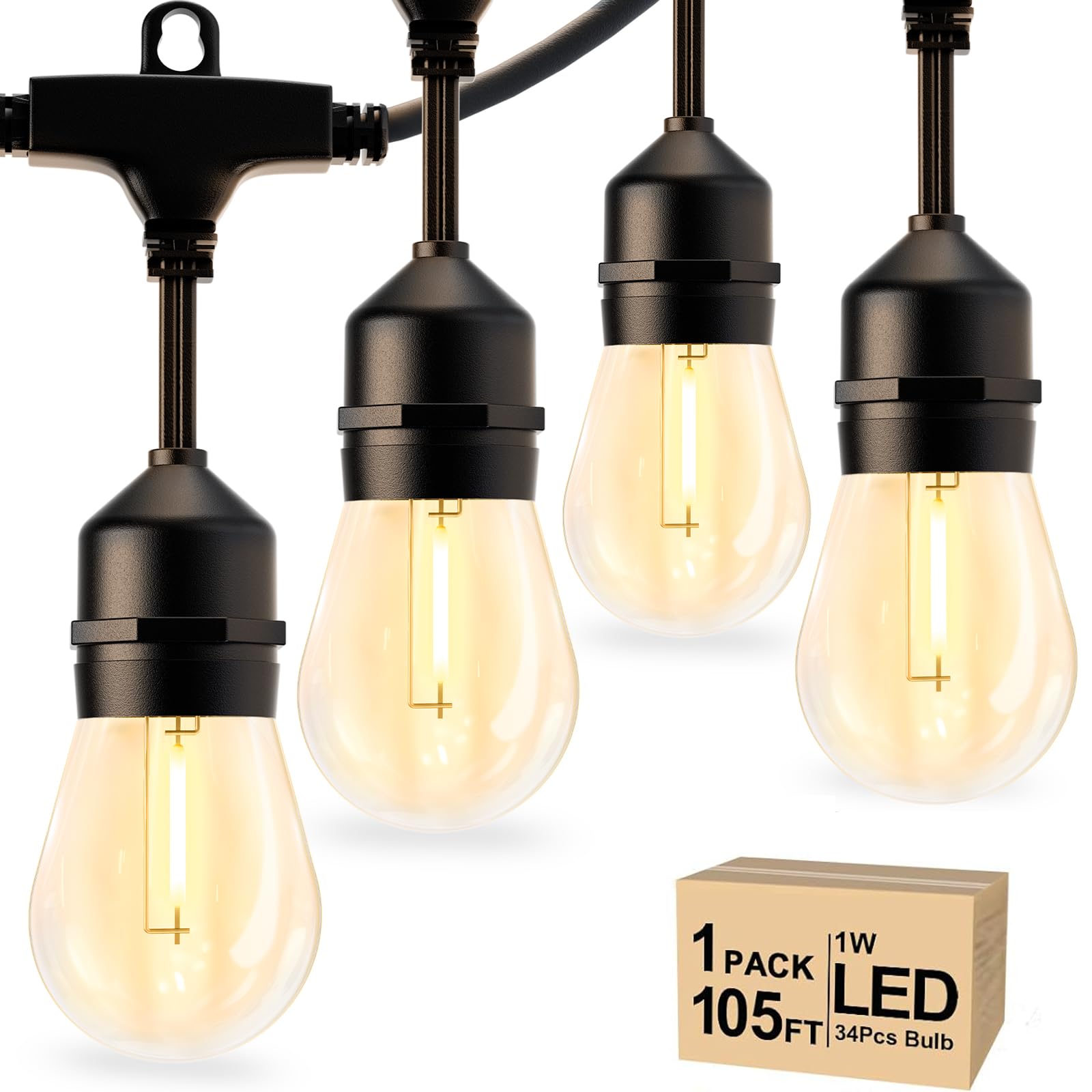 Svater Outdoor String Lights Led, 105FT Commercial Grade Patio Lights with 1W Dimmable S14 Shatterproof Bulbs, Warm White and Weatherproof Strand - UL Listed Heavy-Duty Café Lights, Market Lights