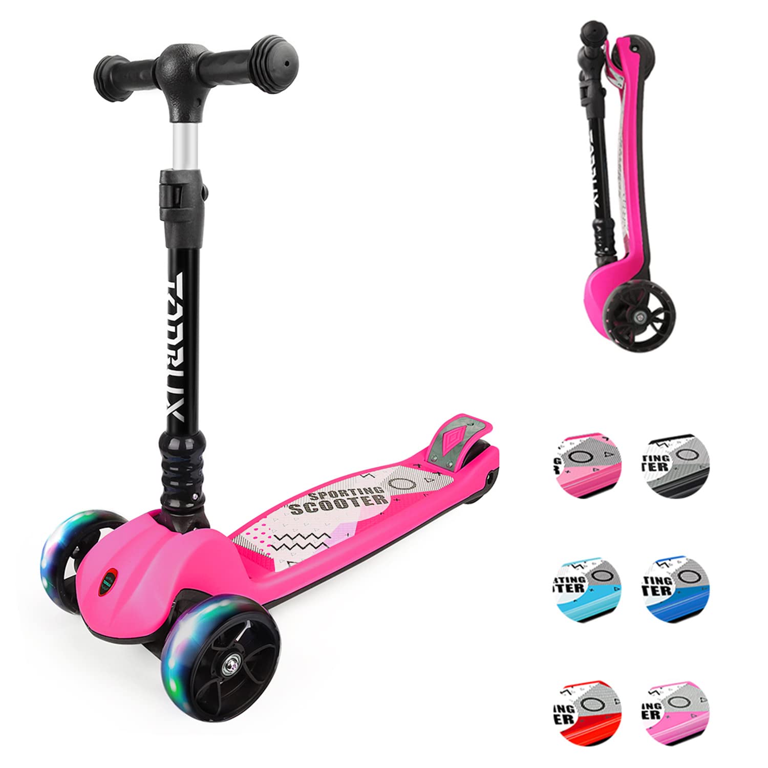 Toddler Scooter, TONBUX Kids Scooter with Foldable, Adjustable Height, Light up 3 Wheels, Rear Brake and Lean to Steer Design for Kids Ages 3-12 - Rose RED