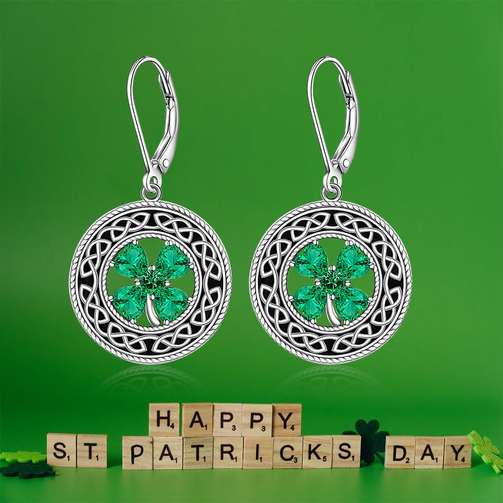 St Patricks Day Shamrock Earrings for Women Studs Sterling Silver Green Irish Four Leaf Clover Earrings Dangle Lucky Shamrock Gifts