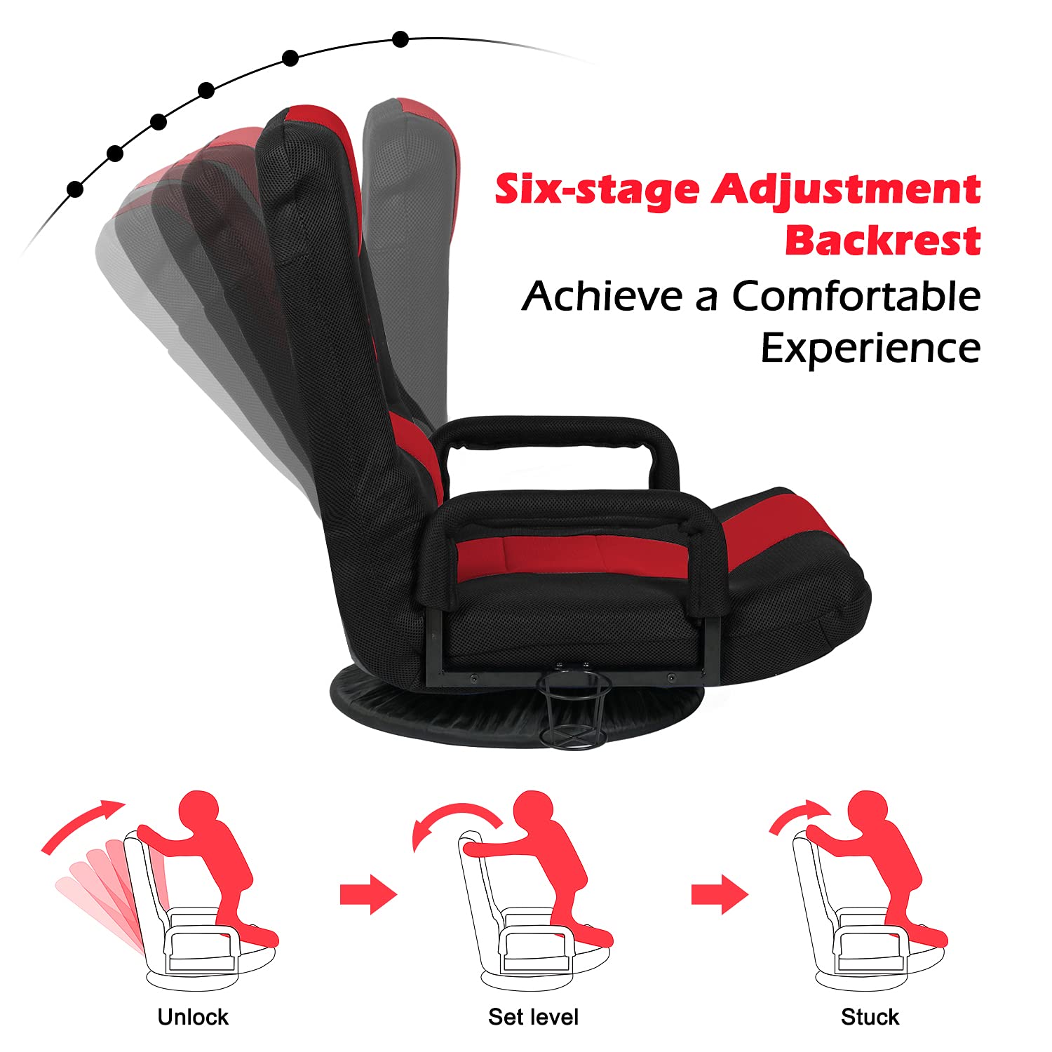 STHOUYN 360-Degree Swivel Gaming Recliner Floor Chair Video Game Chair Armrest, Comfy 6-Position Foldable Adjustable Backrest Red and Black (Red)