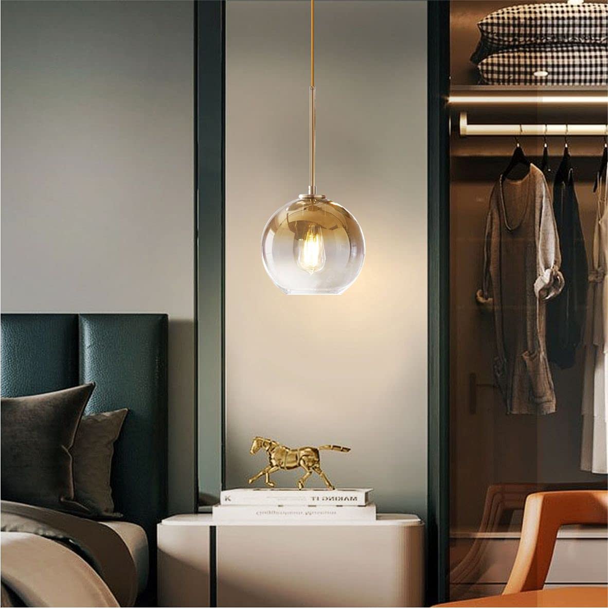 PULEE Modern Globe Pendant Light 1-Light Gradient Shade Glass Hanging Lamp Mid Century Hanging Light Fixture Adjustable Indoor Pendant Lamp for Dining Room Bedroom Kitchen (gold-20)