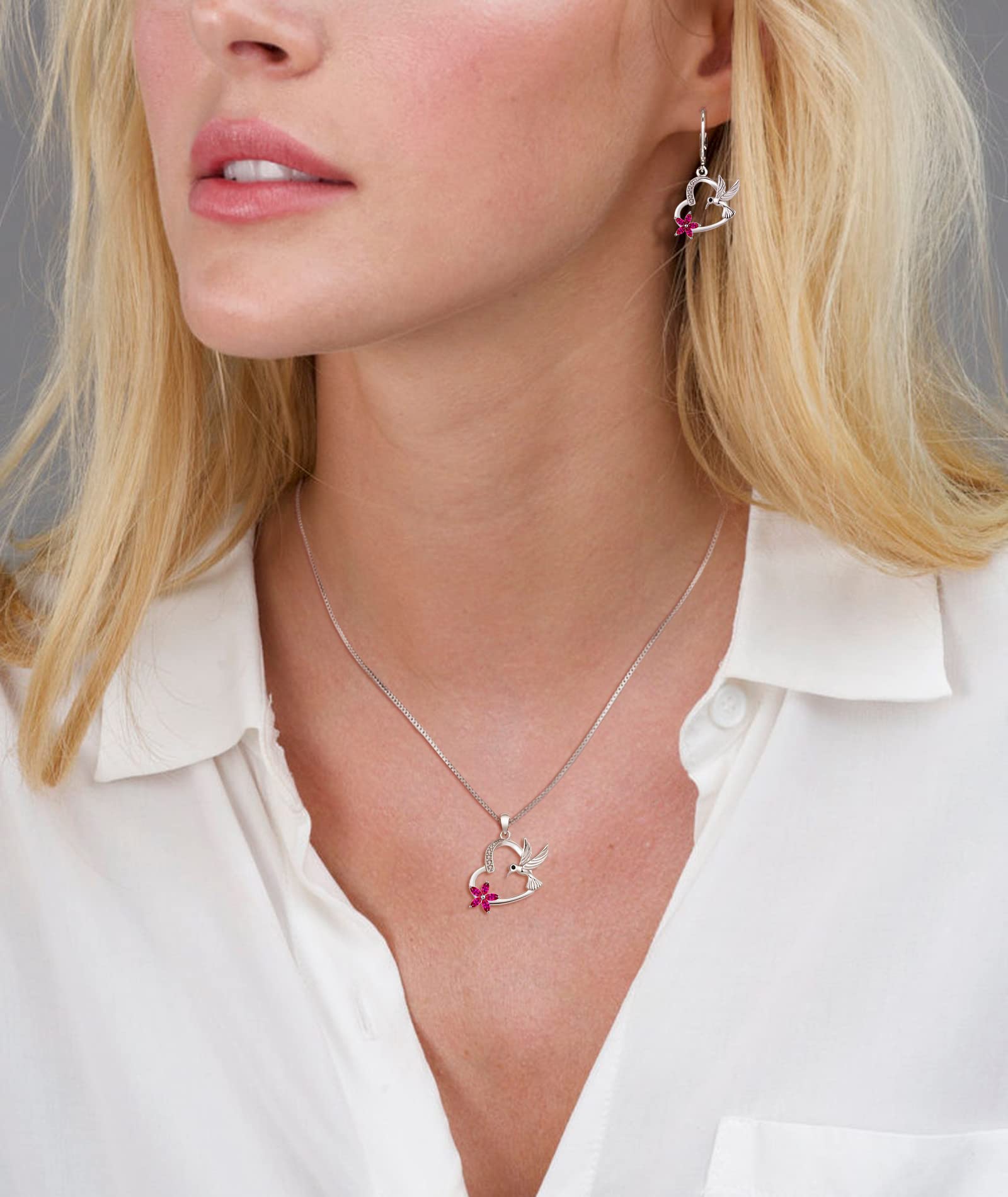 YL Hummingbird Necklace 925 Sterling Silver Heart Pendant Created Ruby Flower Jewelry for Women