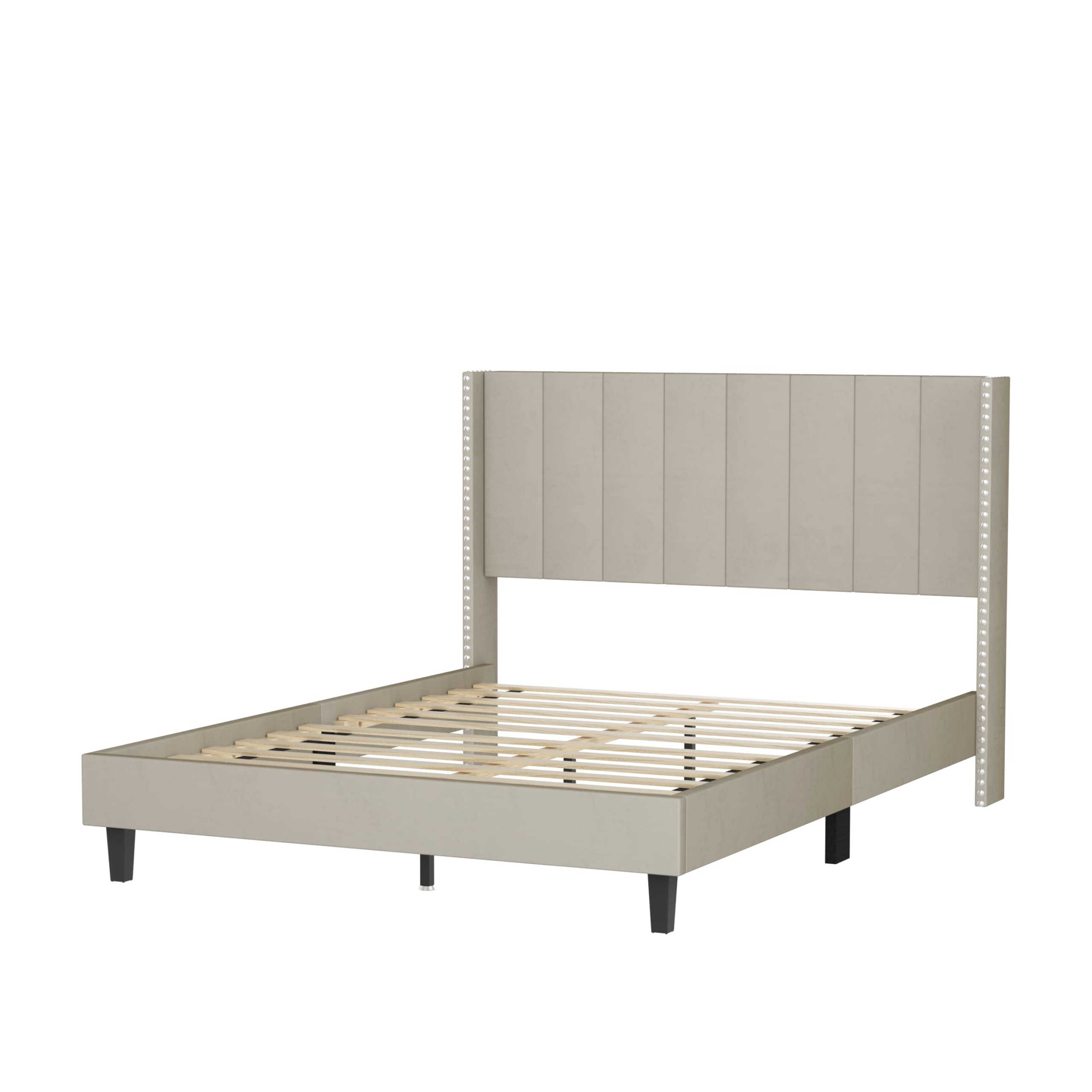 Royard Oaktree Queen Size Tufted Upholstered Bed Frame Low Profile Velvet Bed Frame Platform with Raised Wingback Headboard/No Box Spring Required/Wood Slat Support/Black