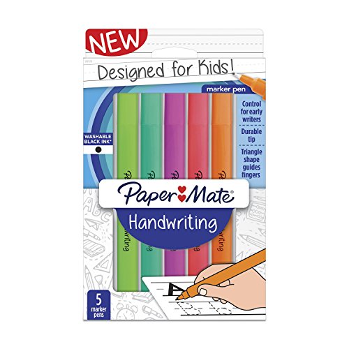 Paper Mate Handwriting Triangular Pens, Washable Black Ink, Fun Barrel Colors, 5 Count (2017533)