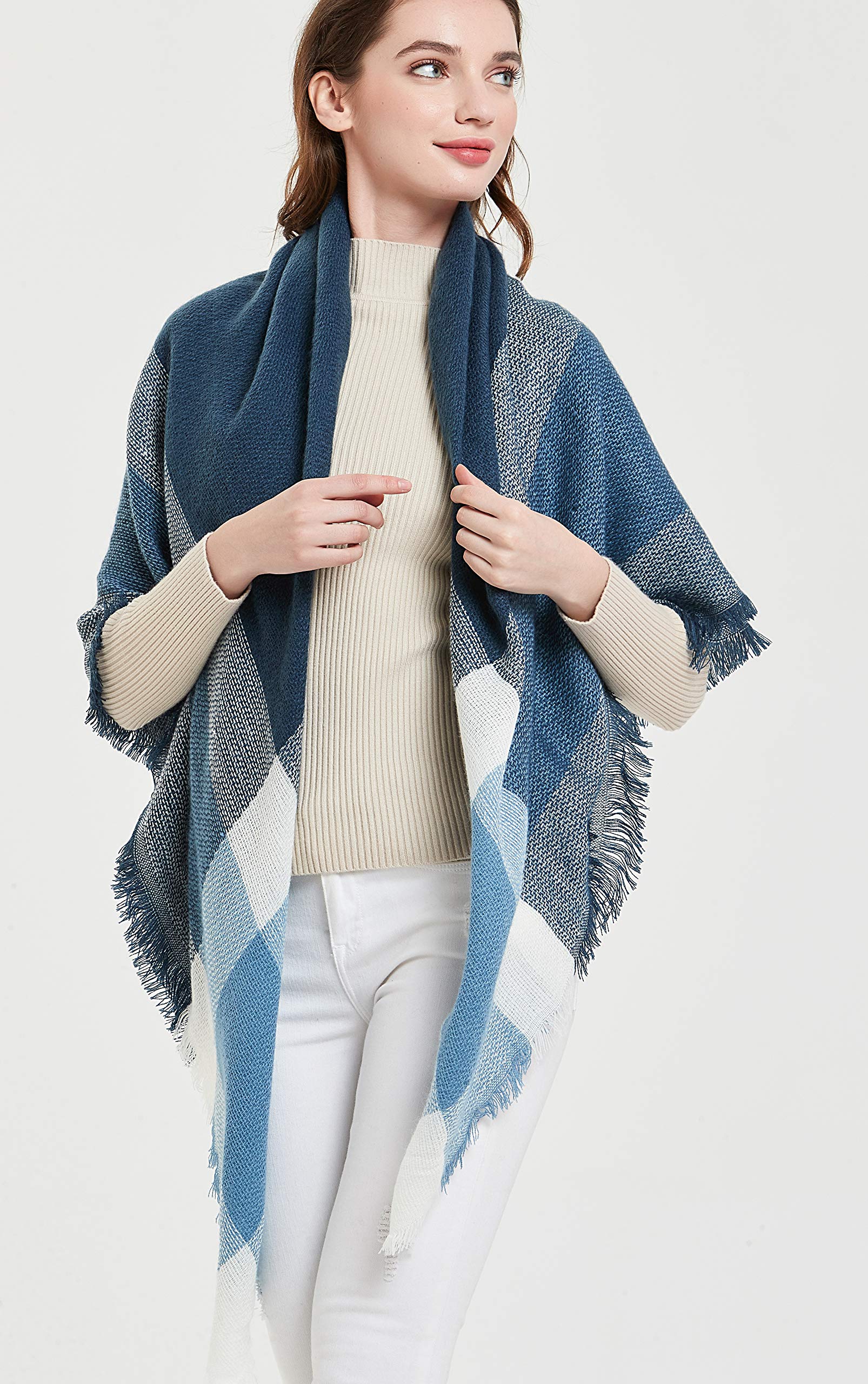 Wander Agio Womens Warm Blanket Scarf Square Winter Shawls Infinity Scarves Stripe Plaid Blue Navy Cyan 2