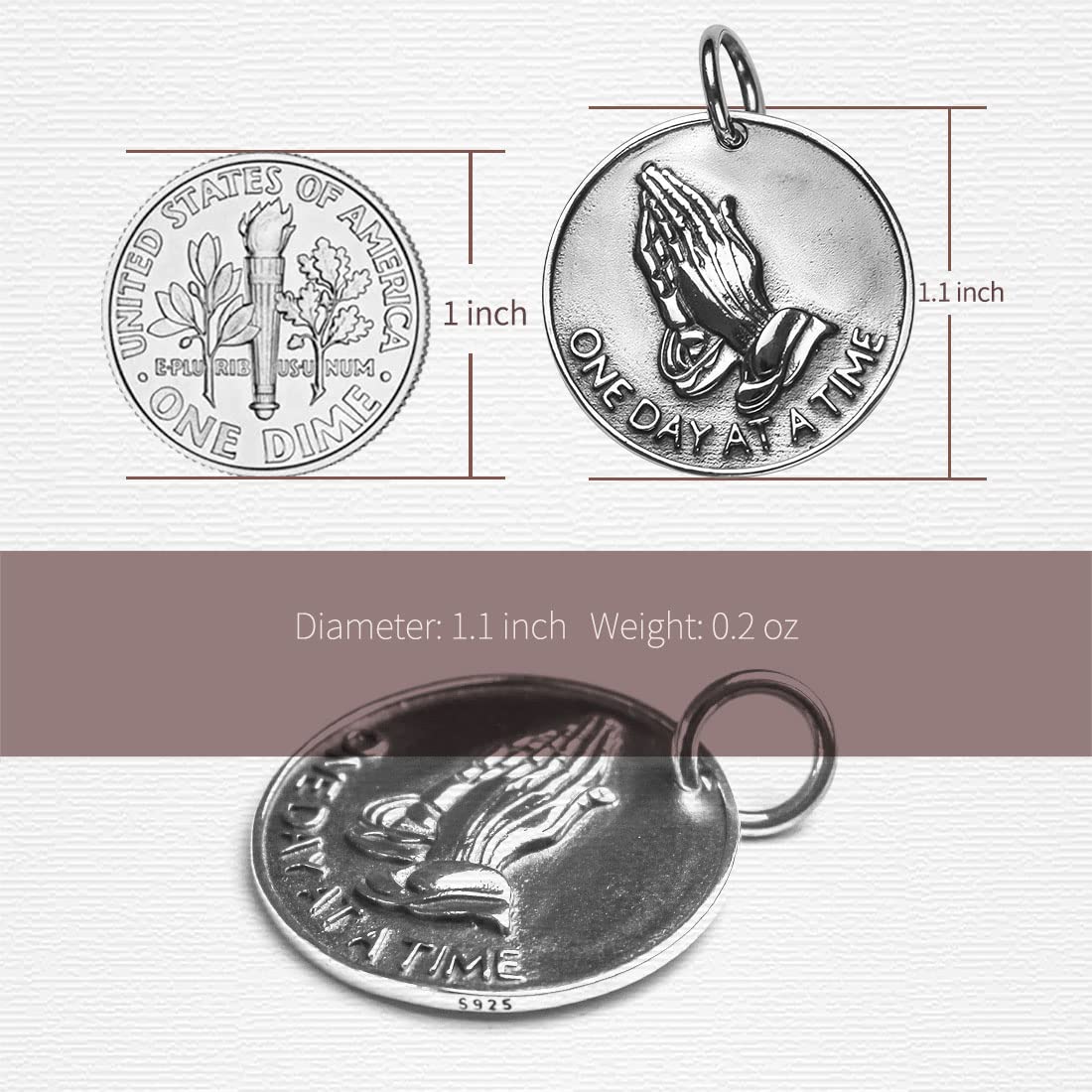 YWARX Silver 925 Christ Jesus Praying Hands Serenity Prayer Religious holy spendant gift Double-sided concave-convex engraving