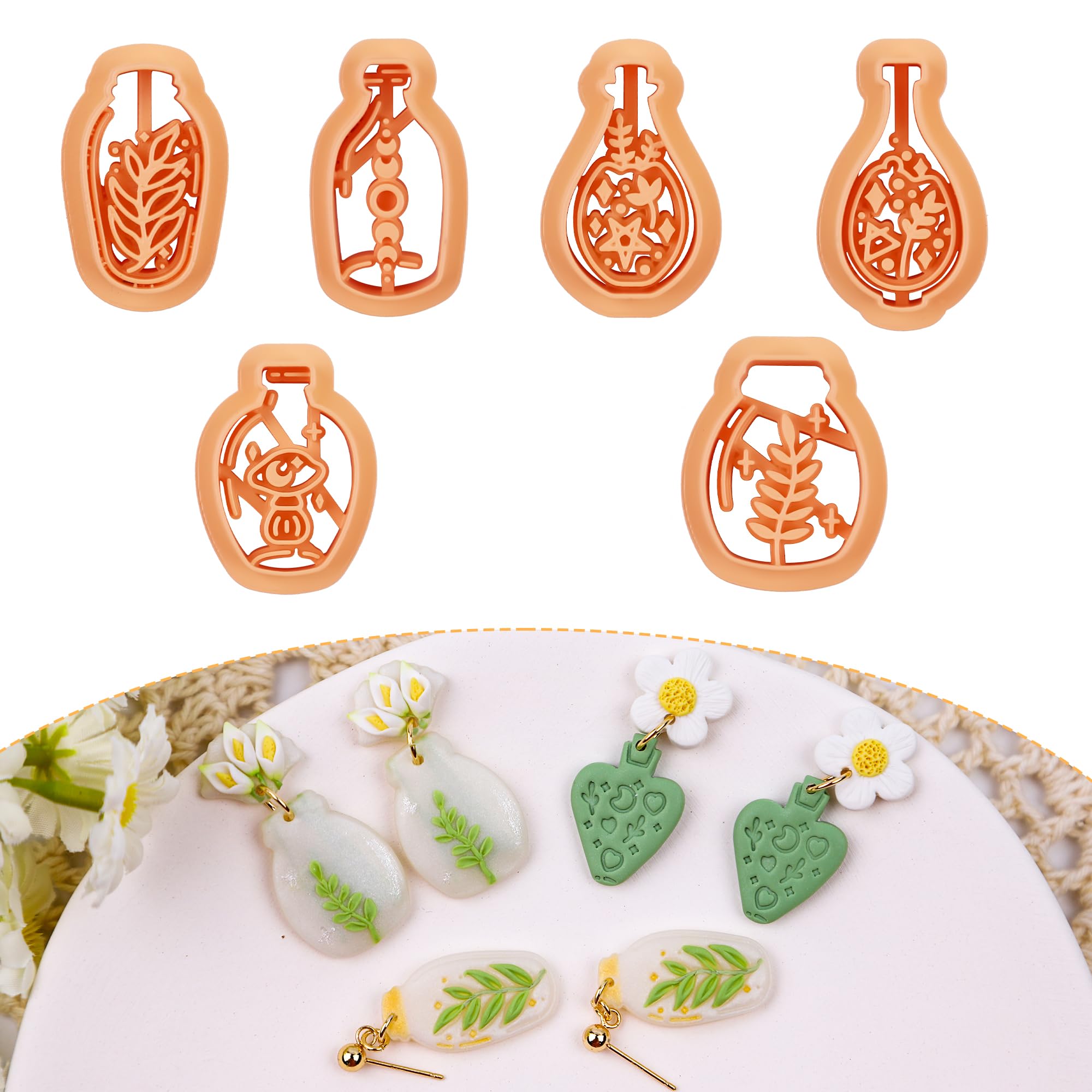Puocaon Boho Bottle Polymer Clay Cutters - 6 Design Clay Cutters for Polymer Clay Jewelry, Crescent Moon Clay Cutters for Earrings, Mushroom Clay Jewelry Cutters, Potion Bottle Clay Earring Cutters
