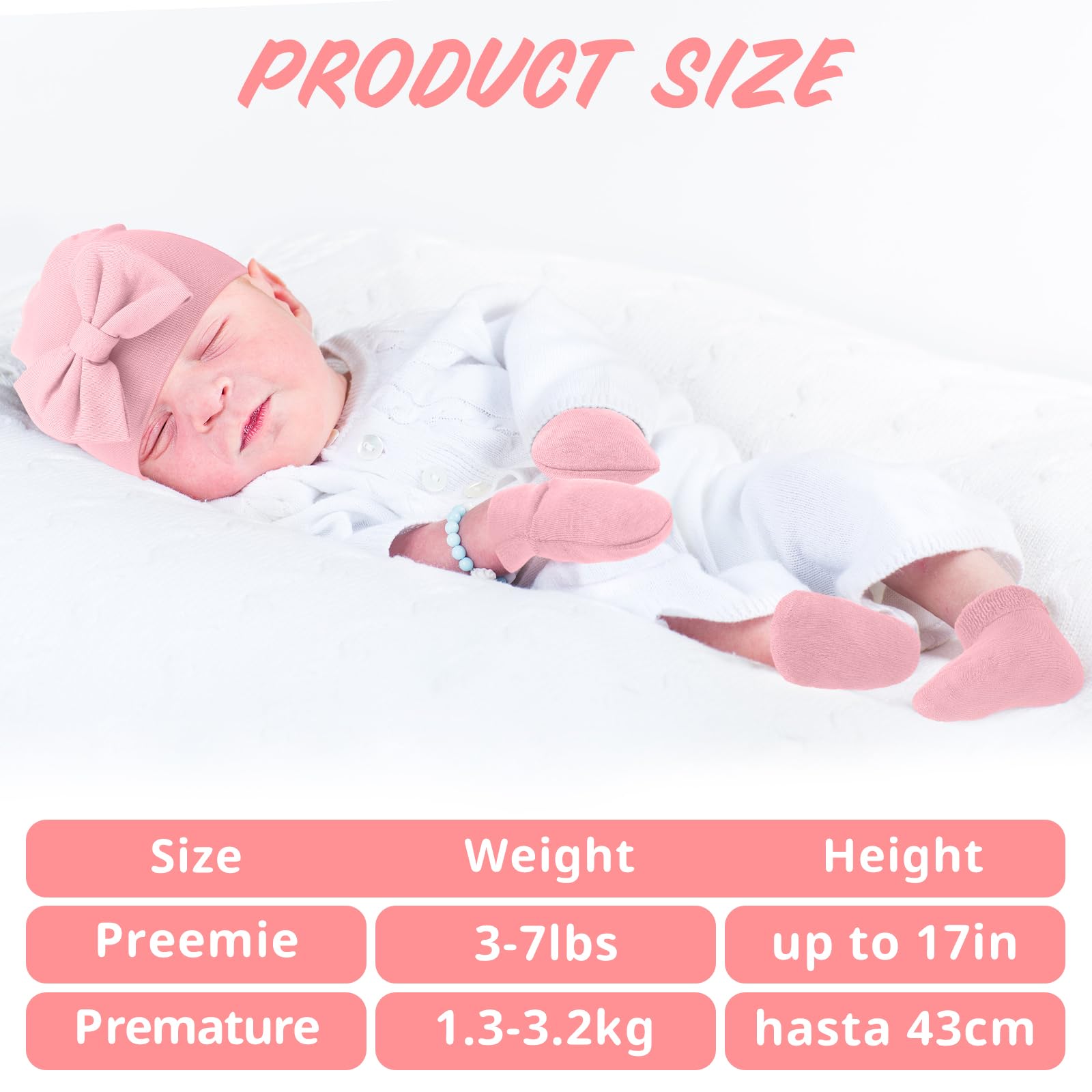 Toulite 4 Pack Preemie Hats and Socks Set Cotton Warm Bow Knot Preemie Caps,Mittens and No Scratch Preemie Warm Socks (Pink,white,purple,gray)