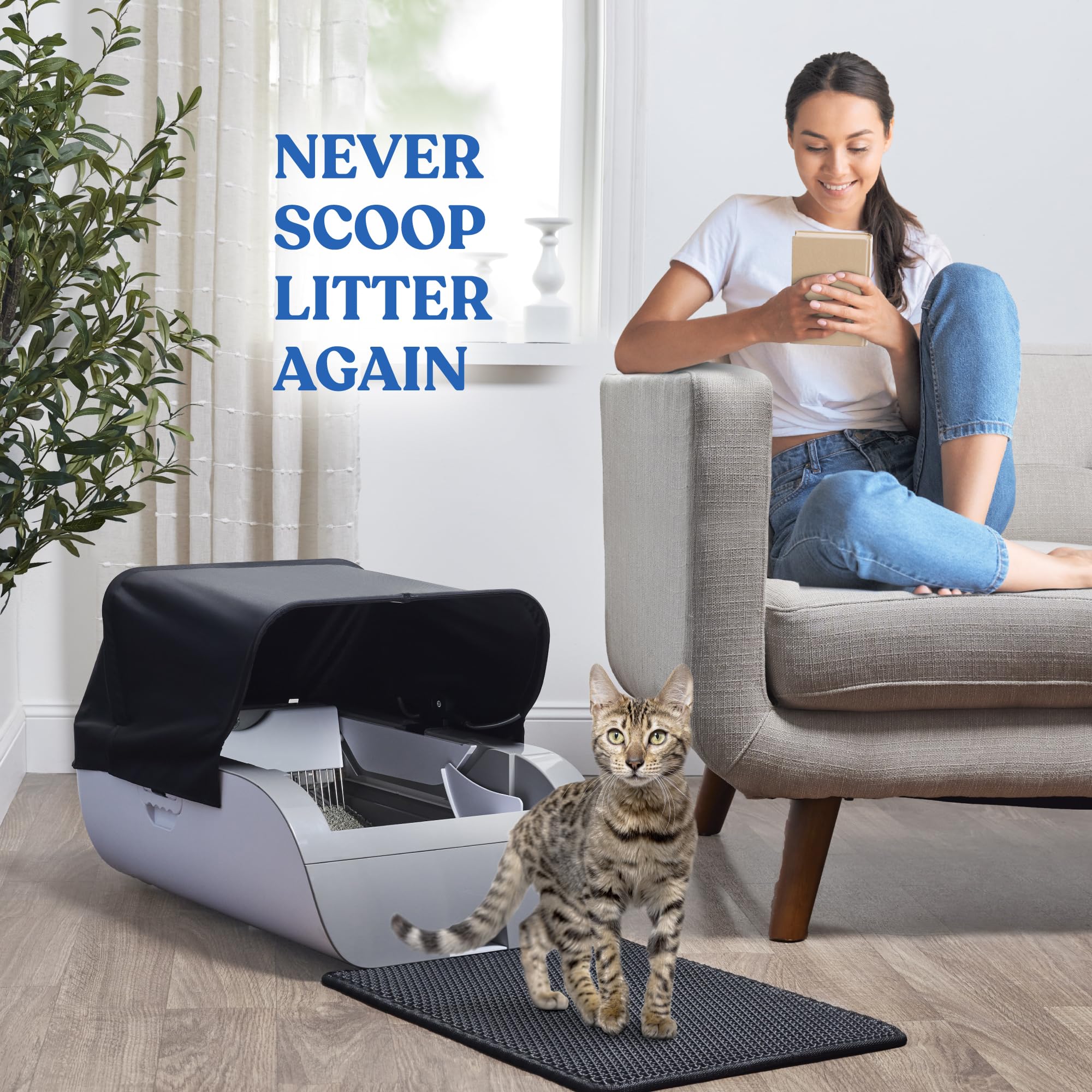 Smart Automatic Cat Litter Box - Self Cleaning with Built in Odor Eliminator -Works with Clumping Cat Litter (No Expensive Refills) Large with Hood & Litter Mat.