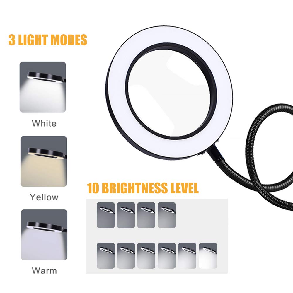 Toolour 5X LED Magnifying Glass Light Clamp Desk Lamp, 3 Modes & 10 Dimming, Large Magnifier Lens and 360° Flexible Gooseneck Arms for Home Workshop, Reading, Close Work, Rework Soldering & Pro Tasks