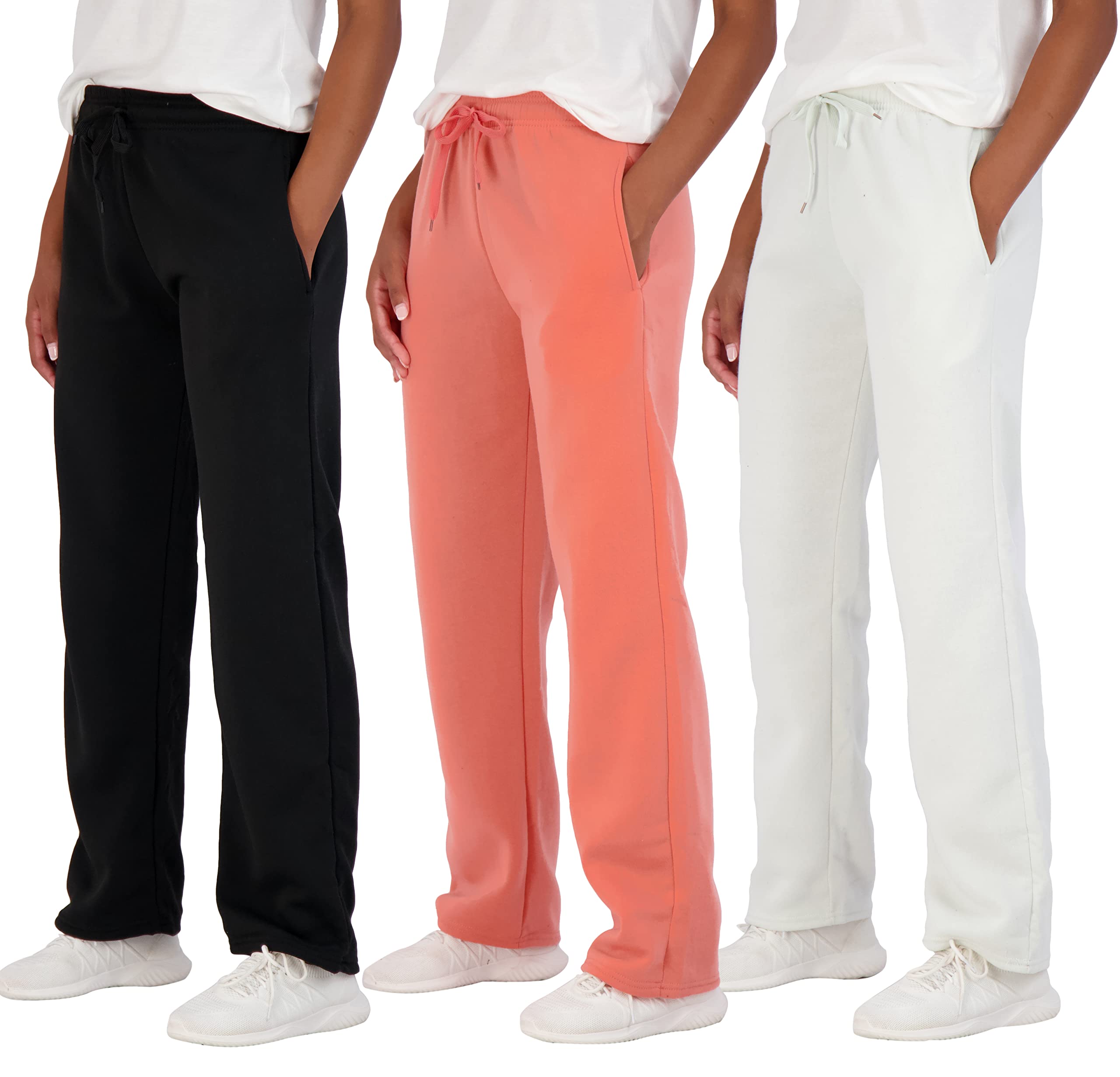 Real Essentials Womens Fleece Open Women Sweatpant Bottom Sweatpants Running Pant Baggy Wide Leg Jogging Sweats Bottoms Teen Lounge Active Ladies Warm Pants Casual Athletic Sweat, Set 8, S, Pack of 3