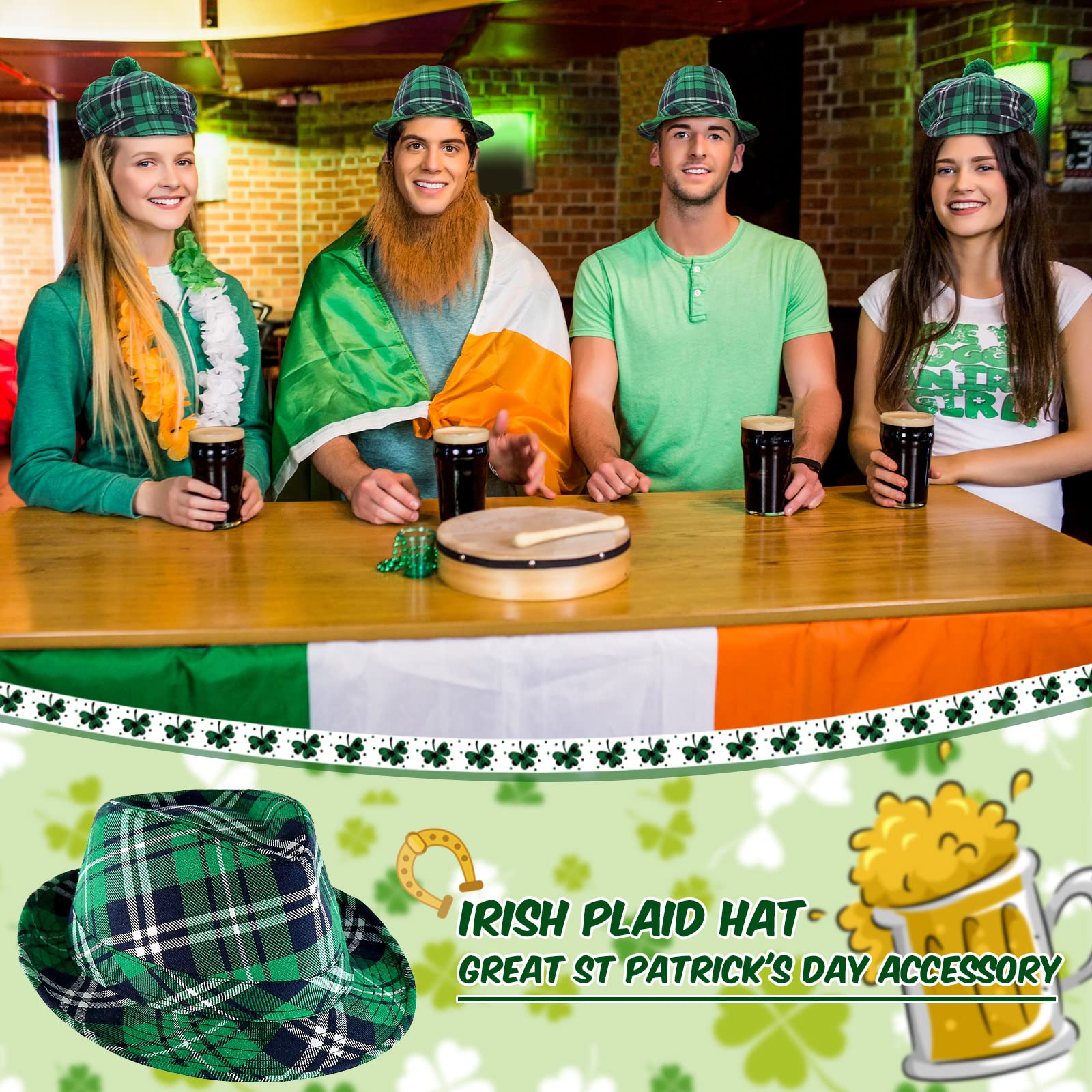 St. Patrick's Day Plaid Fabric Hat St. Patrick's Day Accessories Green Hat Women's Berets Hats for Adult (Retro Style)