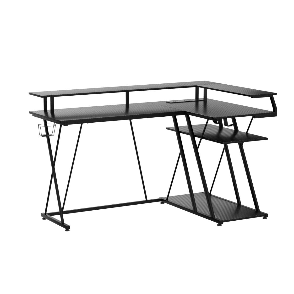 SEVEN WARRIOR L Shaped Gaming Desk with LED Lights & Power Outlets, 47β Reversible Corner Desk with Storage Shelf, Computer Desk with Monitor Stand, Gaming Table with Cup Holder, with Hooks, Black