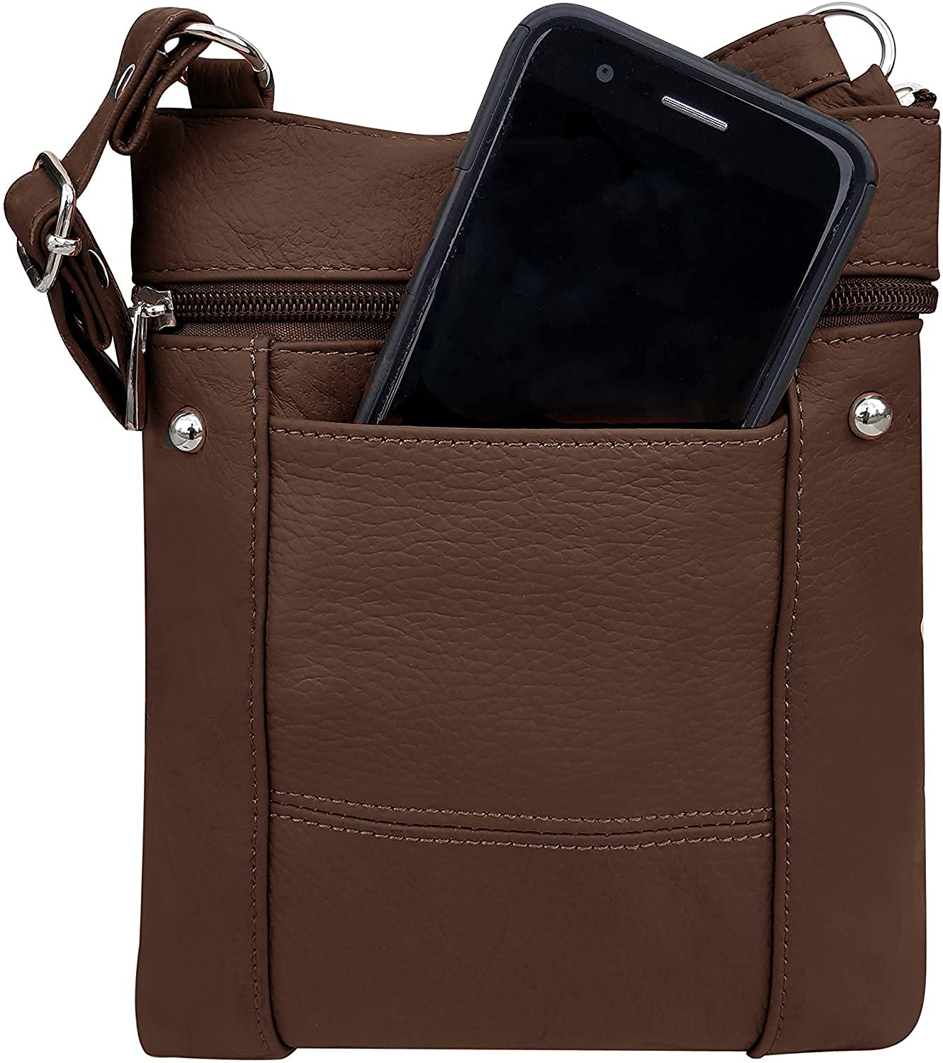 Roma Leathers Genuine X-Large Crossbody Purse, Multi-Pocket, Adjustable Strap, XL, Brown