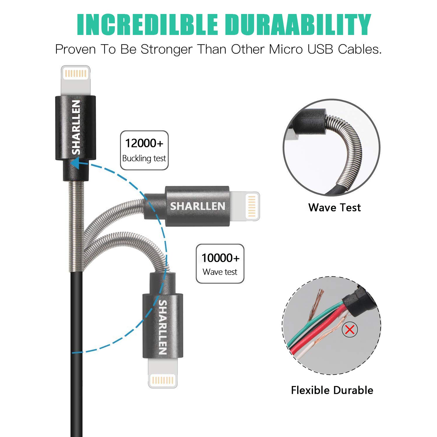 sharllen Lightning Cable Spring iPhone Charger Cable 5 Pack [3/6/10FT] USB Fast Charging & Data Sync Cord Long Charging Cable Compatible iPhone Xs/MAX/XR/X/8/8P/7/7P/6/iPad/iPod(Black)