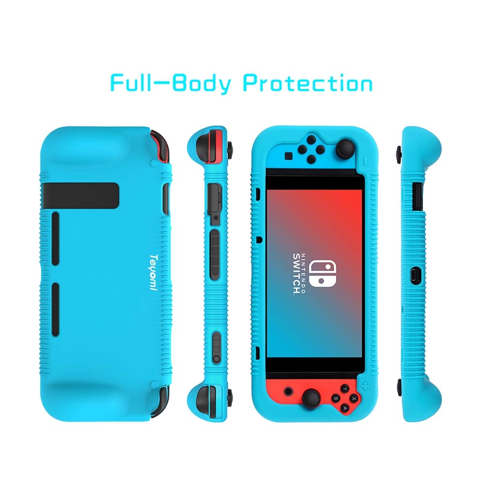 Teyomi Protective Silicone Case for Nintendo Switch, Grip Cover with Tempered Glass Screen Protector, 2 Storage Slots for Game Cards, Shock-Absorption & Anti-Scratch (Blue)