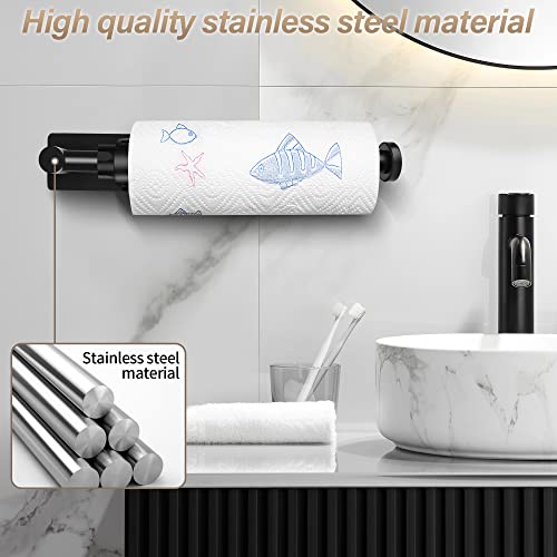 VJAEDEY Paper Towel Holder Under Cabinet, Single Hand Operation, Damping Effect - Stainless Steel Wall Mount - Easy Tear Design - Ideal for Kitchen/Bathroom/Garage - Self-Adhesive/Drill Install, Black