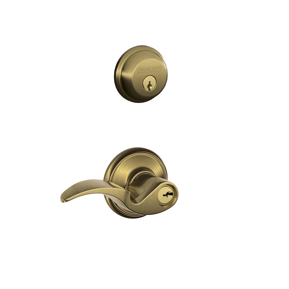 Schlage FB50N V AVA 609 B60 Single Cylinder Deadbolt and F51 Keyed Entry Avanti Lever Keyed Alike, Antique Brass Finish