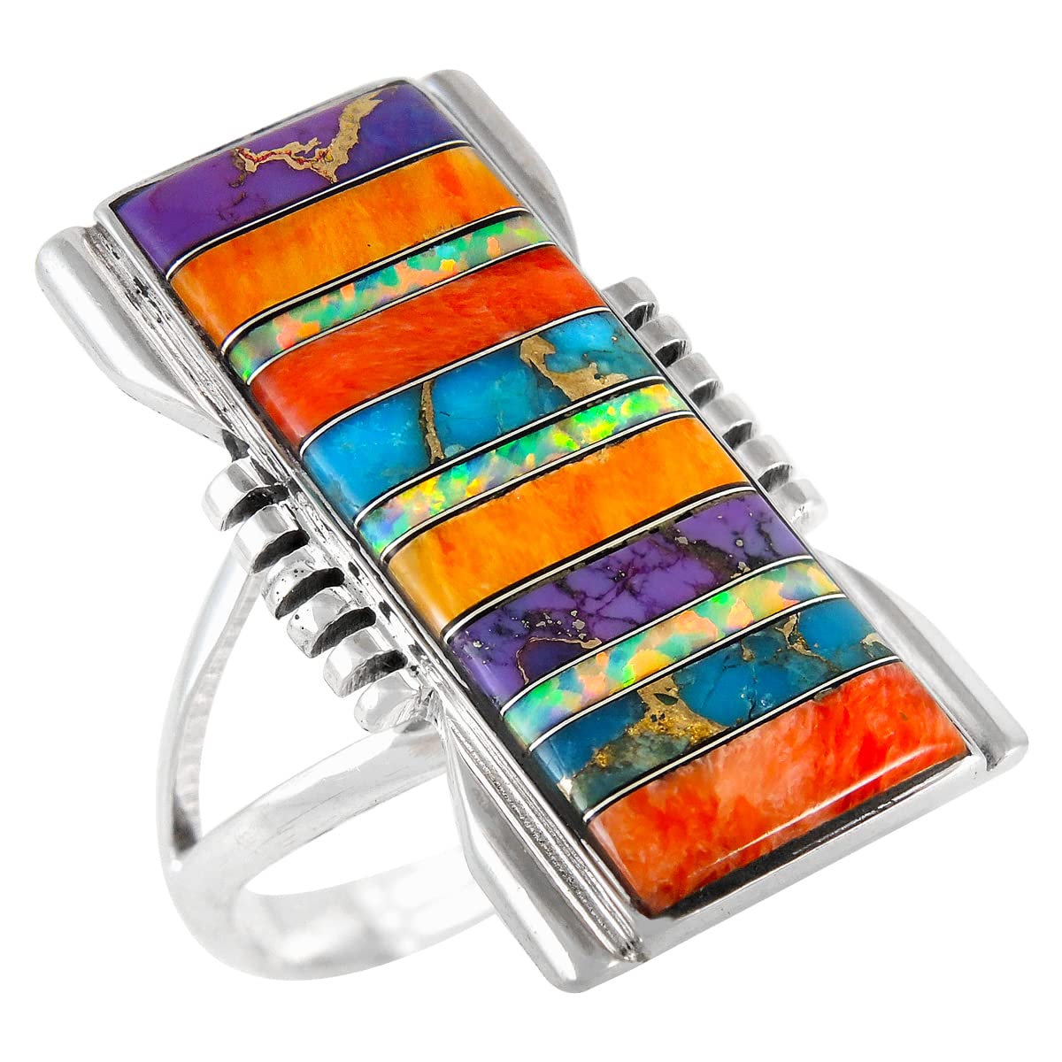 Turquoise Ring Sterling Silver 925 Genuine Gemstones Size 6 to 11 (Choose Color) (Multi-00, 7)