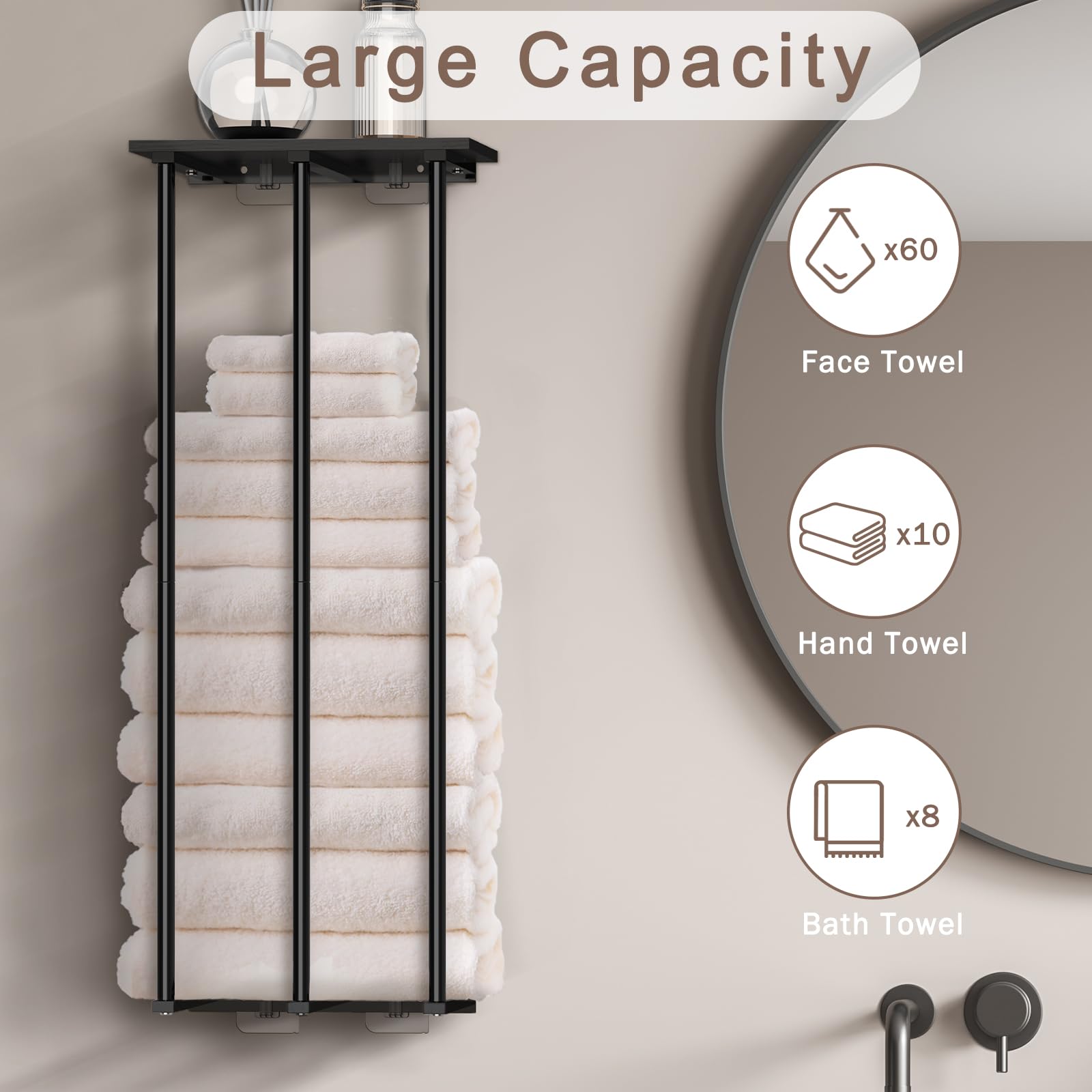 Towel Racks for Bathroom Wall Mounted, MOOACE 3 Bar Adhesive Rolled Towel Storage Holders with Wood Top and 6 Hooks,Metal Bathroom Organizer for Folded Large Towel - Black