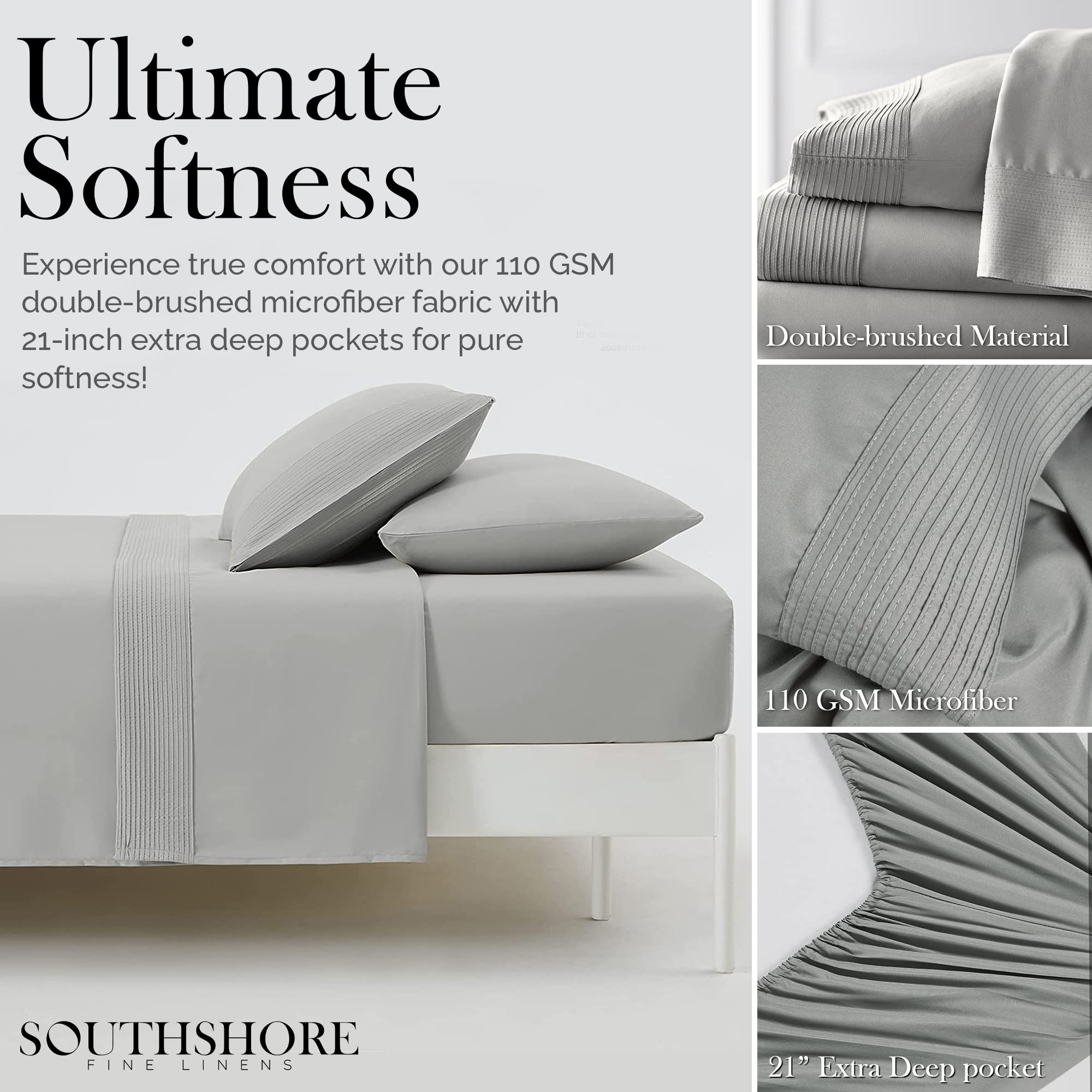 SouthShore Fine Living Vilano Pleats, 4-Piece, 21-Inch Extra Deep Pocket Sheet Set, King Sheets with Flat Sheets and Pillowcase, Easy Care and Shrinkage-Free Deep Pocket Sheets, Sheet Set, Steel Grey
