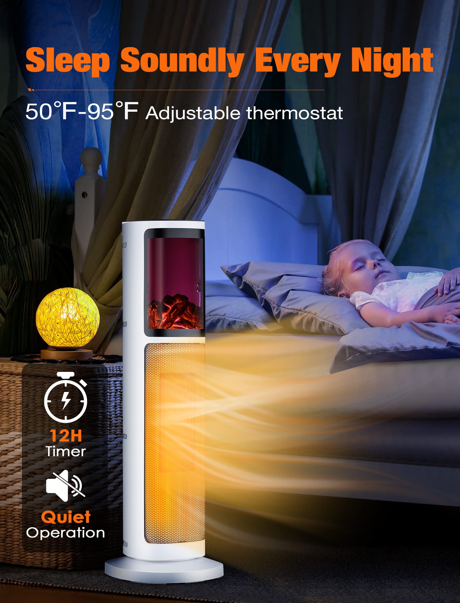 Tower Space Heater for Room, Indoor Electric Space Heater, 3 Modes & Thermostat, 90° Oscillation, 12H Timer, Remote, Overheat & Tip-Over Protection, 3D Flame, Space Heater for Office/Home/Indoor