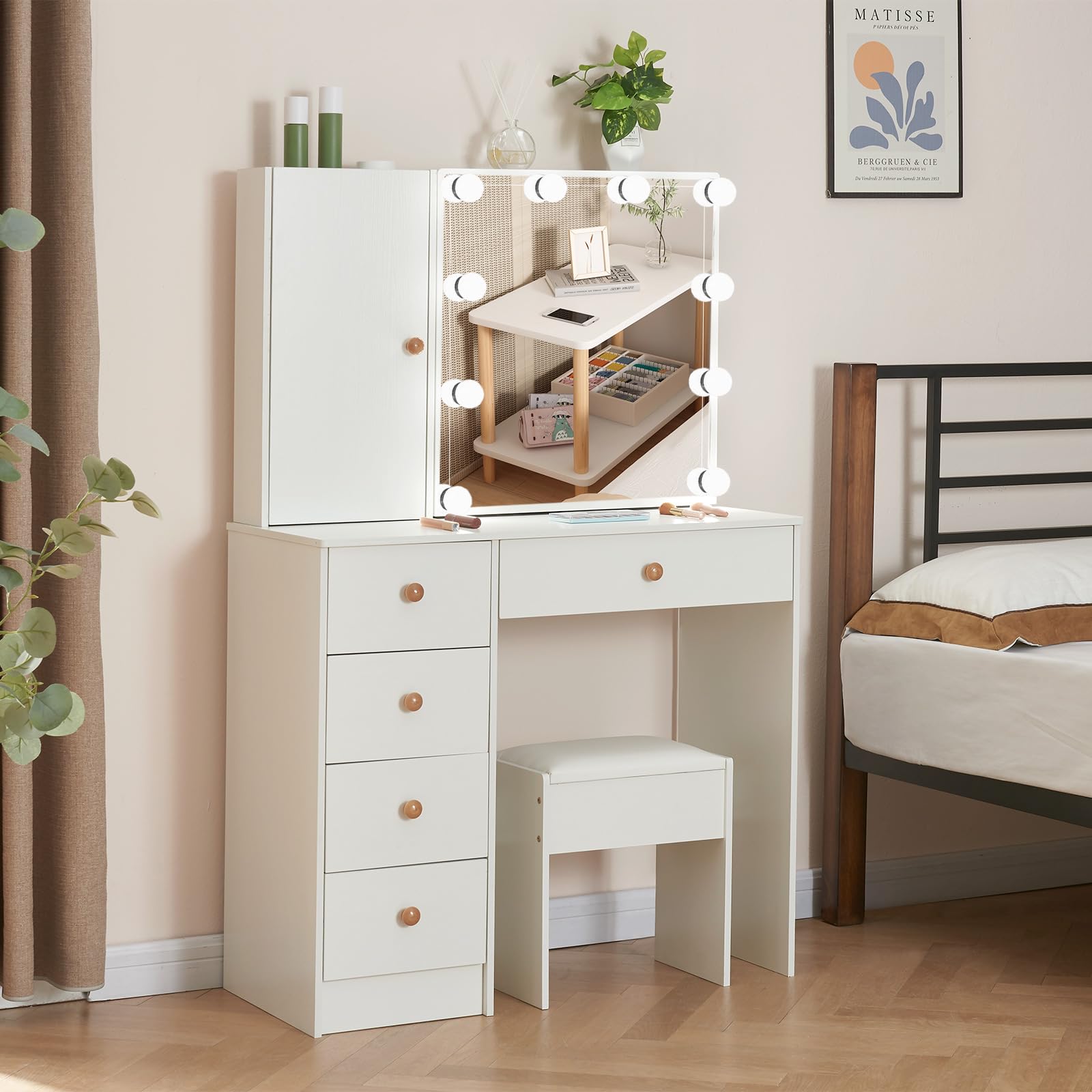 TOJUMP White Makeup Vanity with Lighted Mirror, Vanity Table with Storage Drawer, Dressing Table with Cushioned Stool and for Bedroom, Makeup Room (Modern D2)