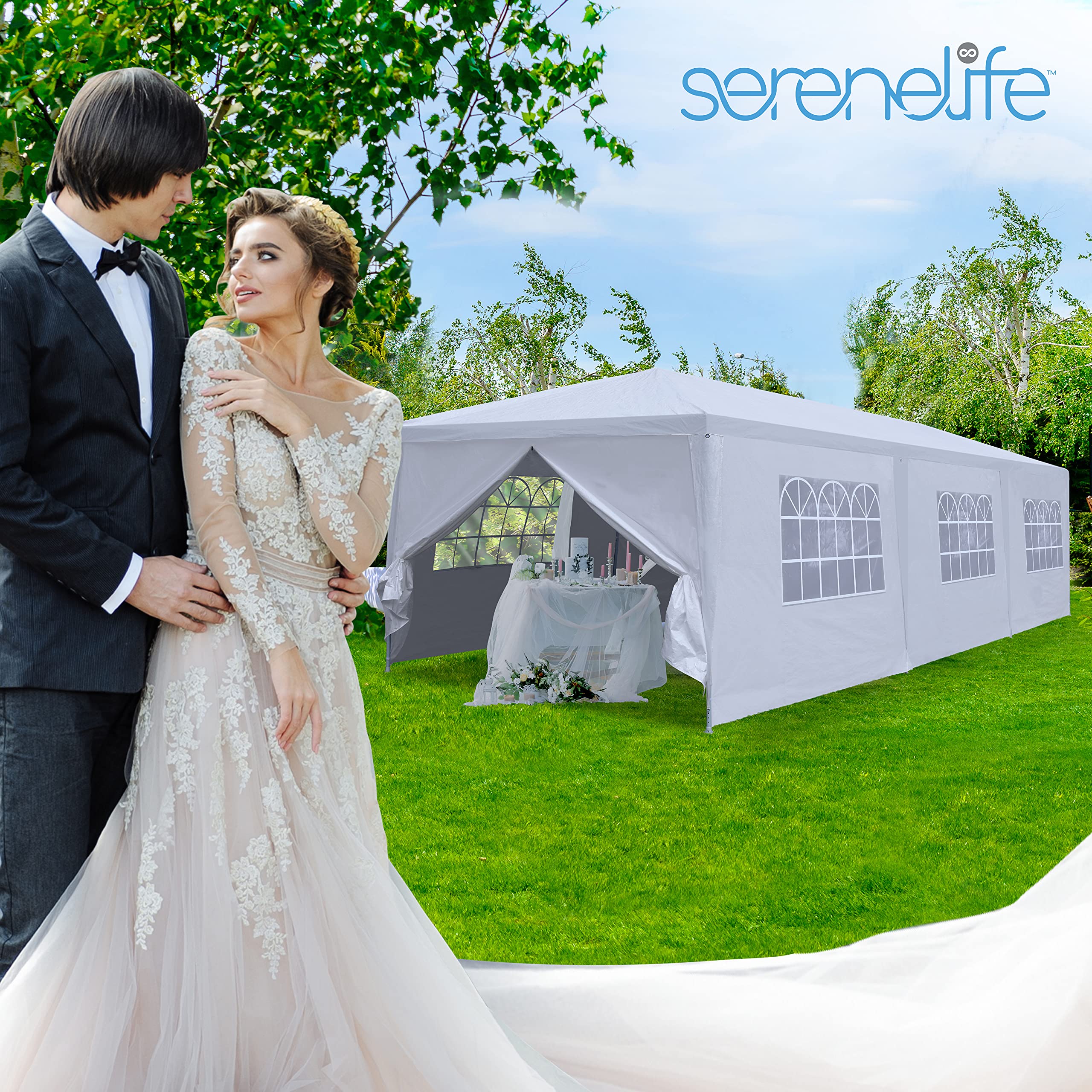 SereneLifeHome Pop Up Canopy Tent - 10x30 Portable Commercial Instant Shelter Foldable/Collapsible Sun Shade Waterproof Tent w/ 8 Walls - 8 Sand Bag, 8 Stake & Ropes White (SLTET30NG)