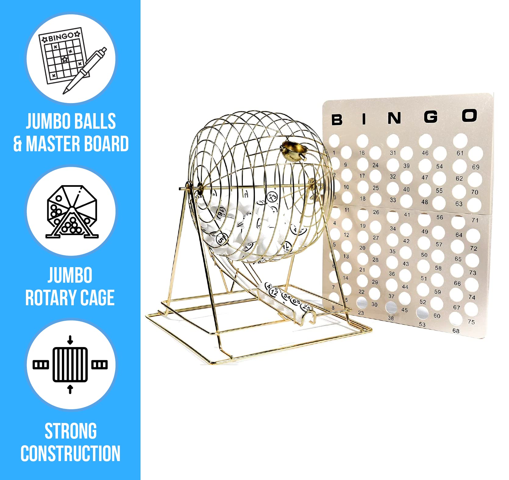 Regal Bingo - Jumbo Professional Bingo Cage - includes Brass Cage, 75 White Ping Pong Balls, Master Board - for Large Group Games, Game Night, Bingo Hall, & Holiday Activities - 16 in - Gold