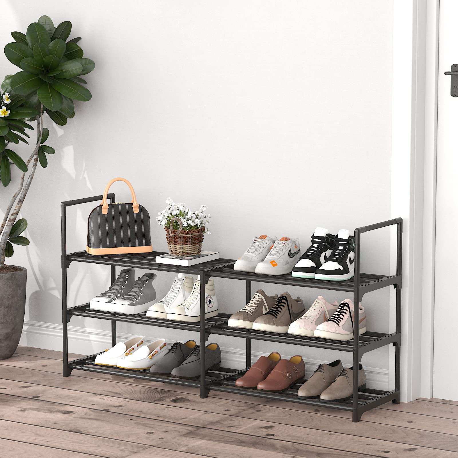 Thoustars 3-Tier Stackable Shoe Rack, Metal Shoe Shelf, 12 to 15 Pairs Shoes, Stackable Shoe Tower for Living Room,Closet, Entryway, Hallway, (Black)