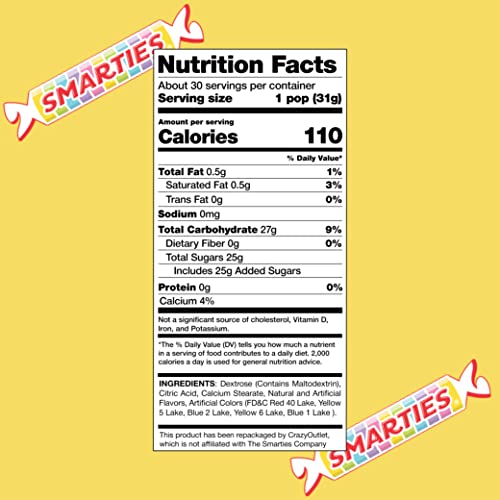 Smarties Mega Lollipops, Vegan Hard Candy Pops, Bulk Pack 30 Count, 2.2 Pounds
