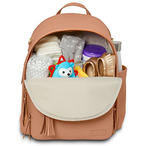 Skip Hop Diaper Bag Backpack: Greenwich Multi-Function Baby Travel Bag with Changing Pad and Stroller Straps, Vegan Leather, Caramel