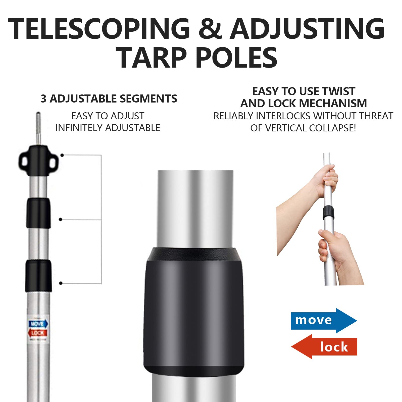 Weanas Tarp Poles Adjustable Heavy Duty, Set of 2 Aluminum Tarp Poles Telescoping Collapsible Lightweight Tent Tarp Poles for Camping Awning Backpacking