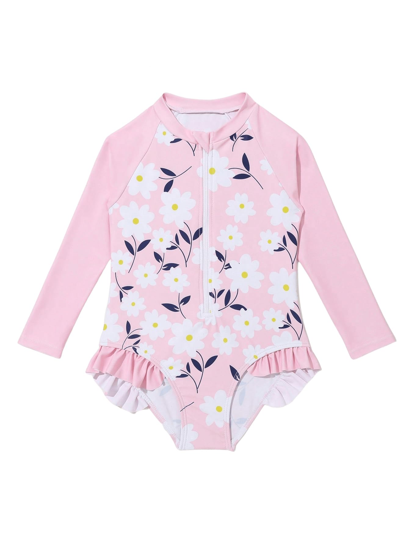 SweatyRocks Girl's Cute Floral Print Long Sleeve Mock Neck Zip Front One Piece Monokini Swimsuit Blue 6Y