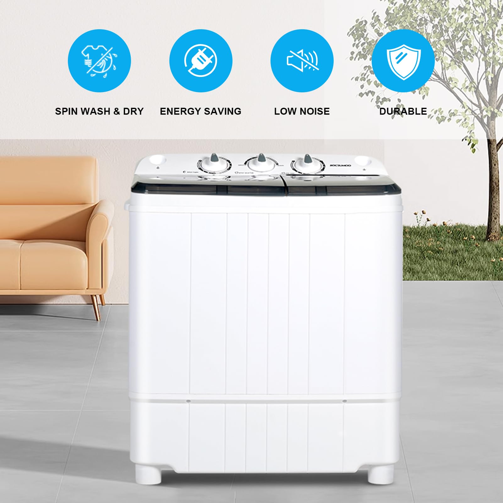ROCSUMOO Portable Washing Machine with 17.6lbs Capacity, Laundry Washer(11lbs) and Spiner(6.6lbs) Combo, Mini Twin Tub Lavadora Portatil with Built-in Drain Pump for Apartment, RV and Dormitory