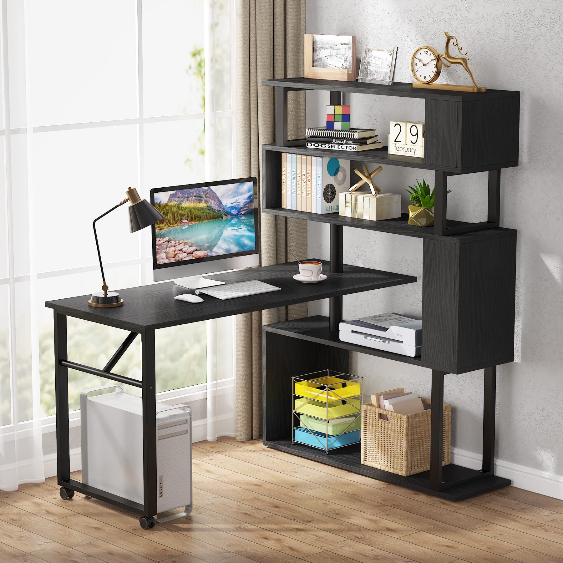 Tribesigns Rotating Computer Desk with 5 Shelves Bookshelf, Modern L-Shaped Corner Desk with Storage, Reversible Office Desk Study Table Writing Desk with Wheels for Home Office (Matte Black)