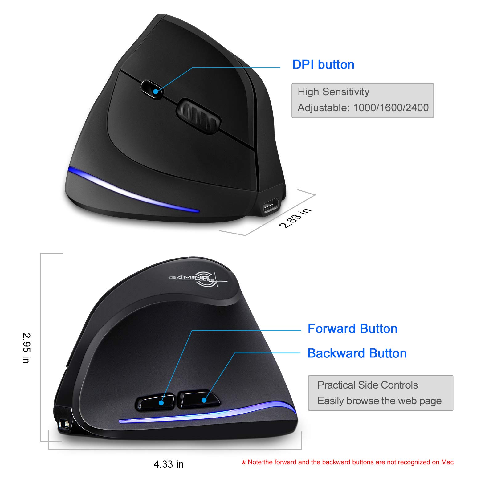 TRELC Ergonomic Mouse, 2.4G Wireless Vertical Optical Mouse with Adjustable Sensitivity (1000/1600/2400 DPI), 6 Buttons for PC, Desktop, Laptop, Notebook (Black)