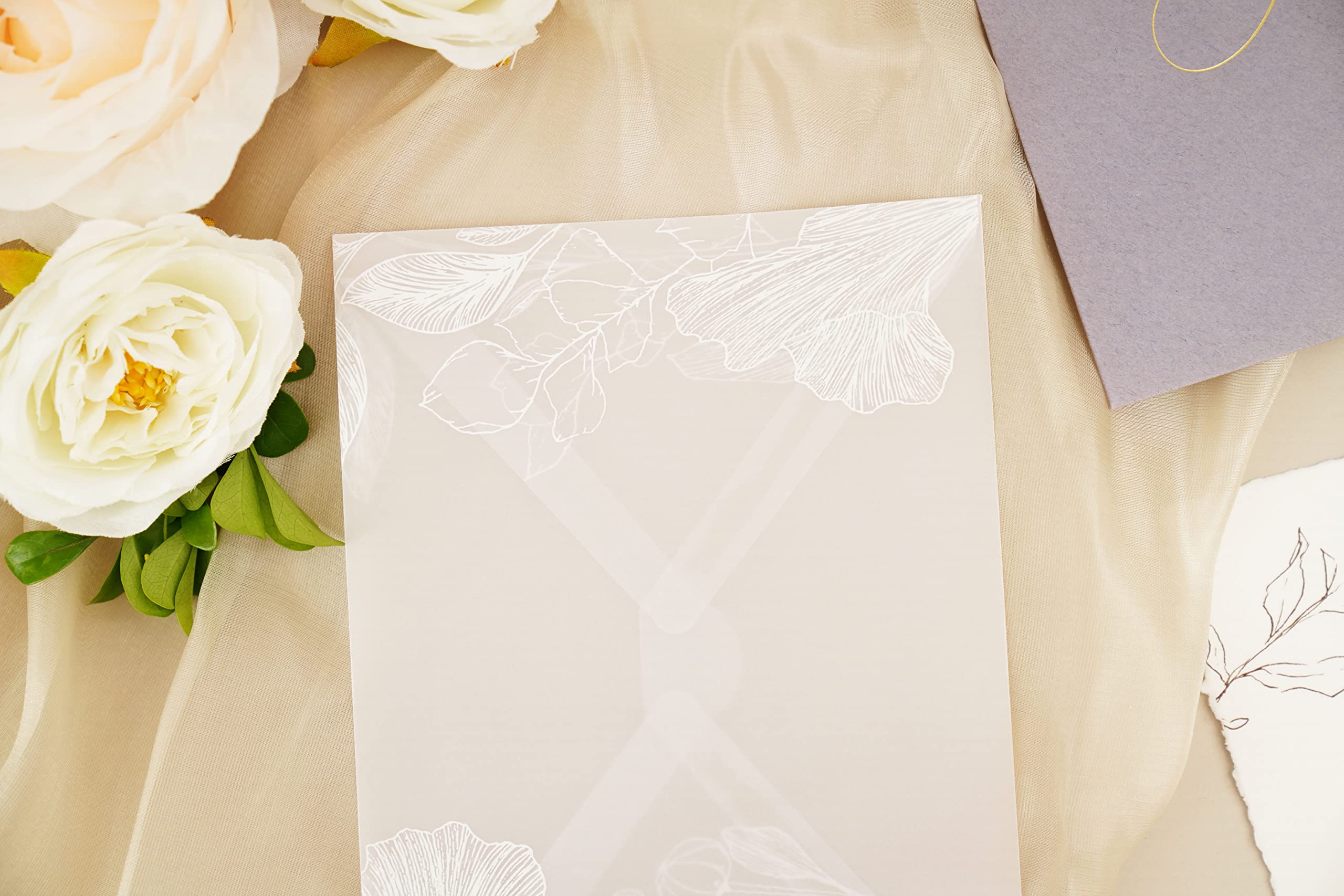 Puremigo 50 Pack Vellum Envelope Translucent Paper, White Elegant Printing Clear Envelopes for 5x7 Inch Invitations for Wedding Bridal Shower