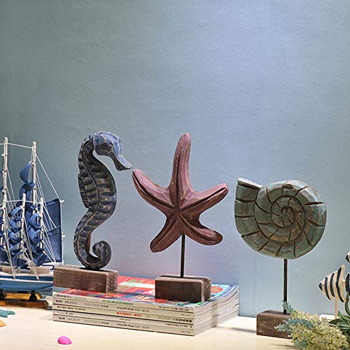 Trycooling 3pcs Wood Handmade Retro Beach Nautical Style Figurines Starfish/Conch/Seahorse Statue Home Decor
