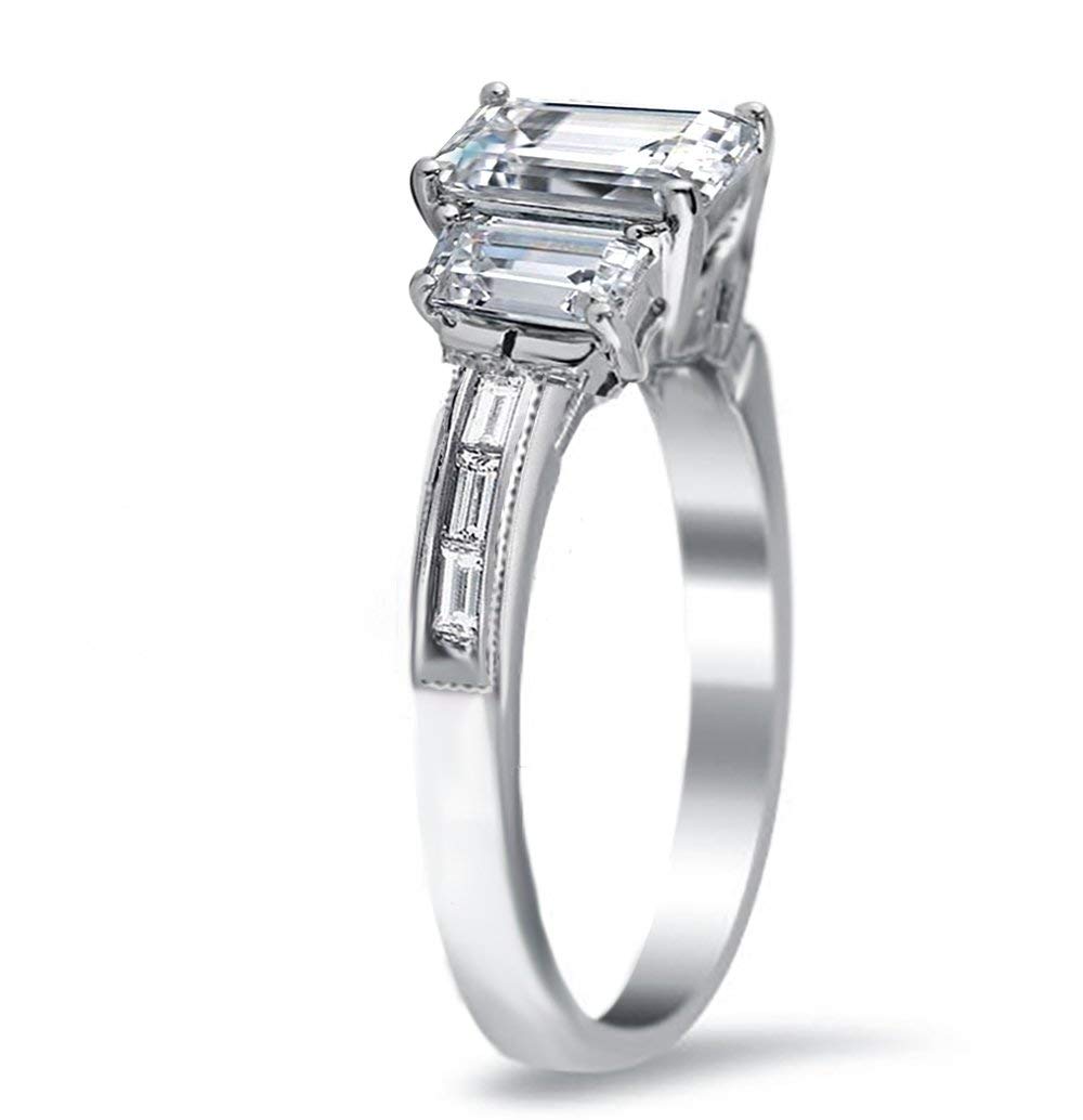Samie Collection Emerald Cut CZ & Baguette Cubic Zirconia 3 Stone Engagement Rings for Women, Wedding Ring Band in White Gold Plating, Size 5-10