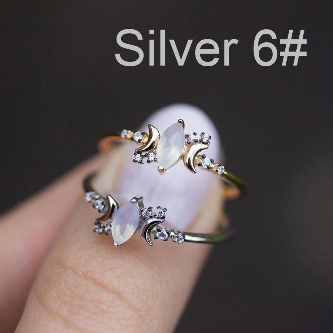 Wedding Band, Chic Women Moon White Opal Engagament Band Halo Designer Ring Size (Silver, 6)