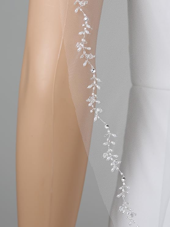 SAMKY 1T 1 Tier Offset Floral Vine Edge Crystal Pearl Veil - Light Ivory Fingertip Length 36" V580