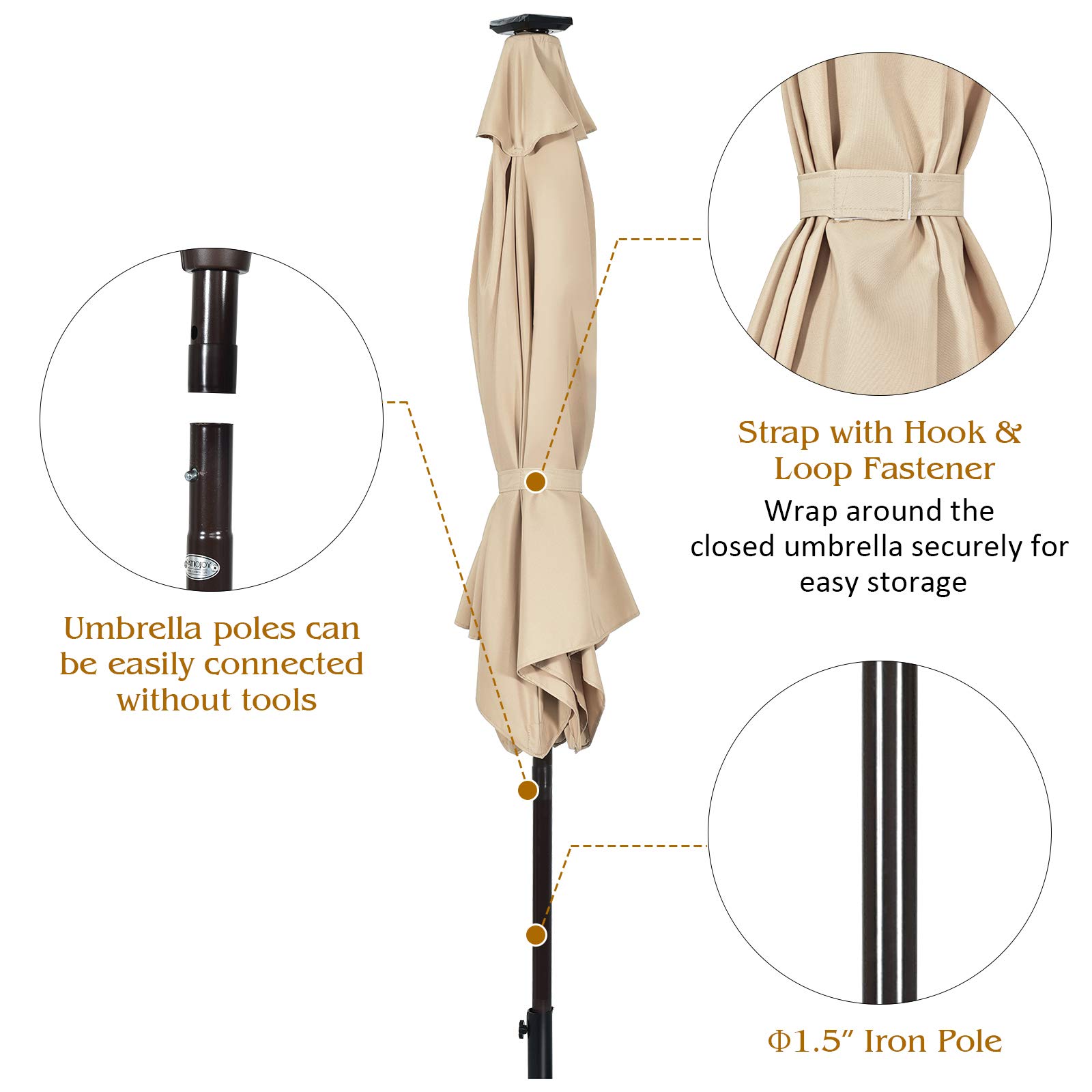 Tangkula 9FT Solar Powered LED Lighted Patio Umbrella, Table Market Umbrella with Tilt and Crank, Outdoor Umbrella with 6 Sturdy Ribs for Garden, Deck, Backyard & Pool (Beige)