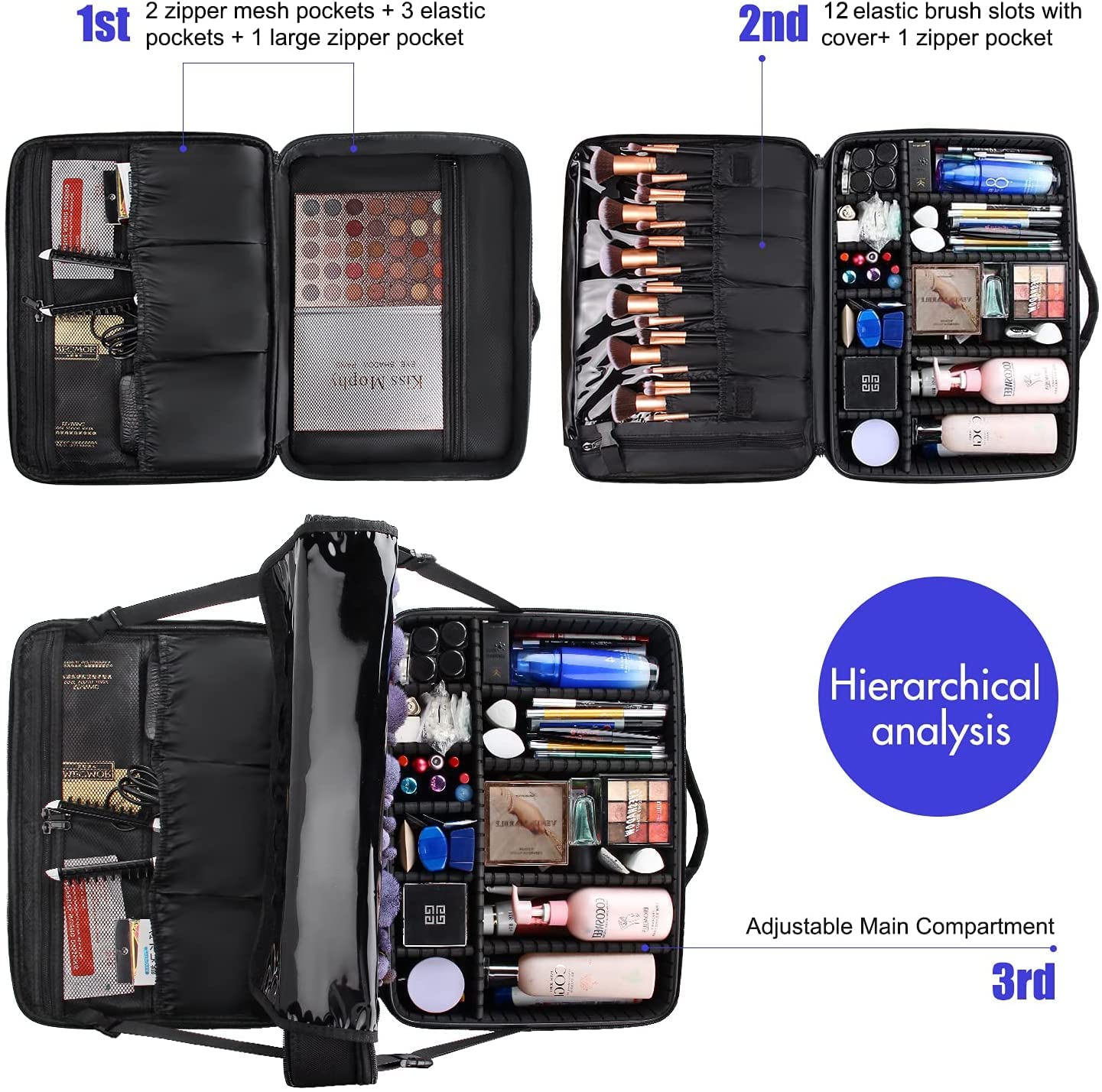 Relavel Extra Large Makeup Case Travel Makeup Train Case Professional Makeup Artist Bag Portable Nail Organizer Box Art Supply Case with Adjustable Dividers/Attach to Trolley/Shoulder Strap (Black)