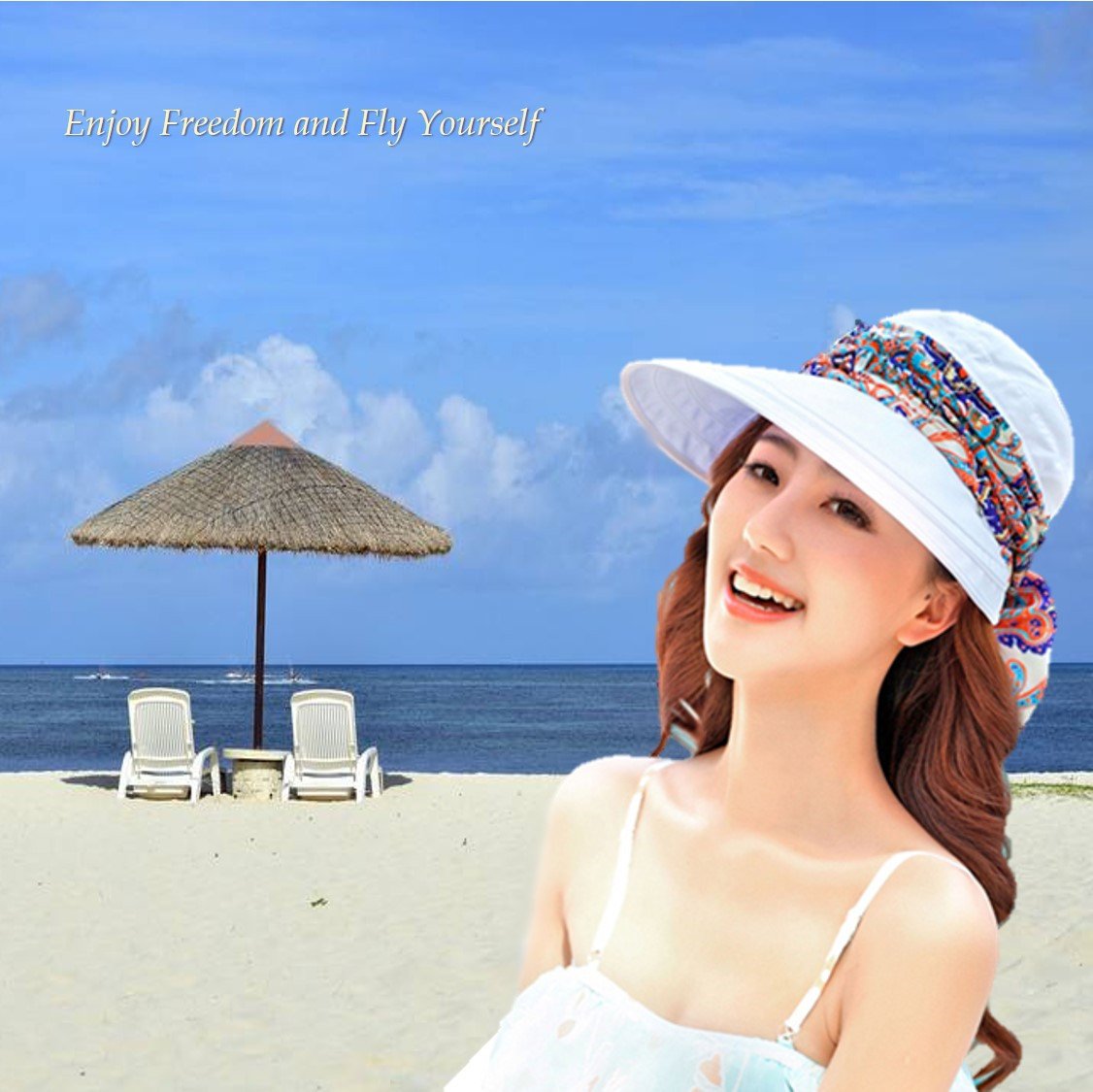 Roll Up Wide Brim Sun Visor UPF 50+ UV Protection Sun Hat with Neck Protector Beige