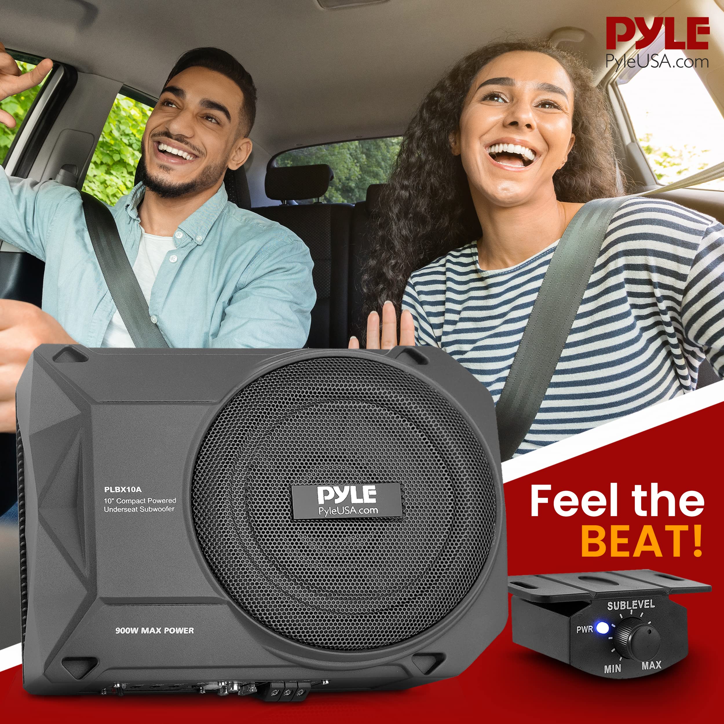 Pyle 10-Inch Low-Profile Amplified Subwoofer System - 900 Watt Compact Enclosed Active Underseat Car Audio Subwoofer with Built-in Amp, Powered Car Subwoofer w/Low & High-Level Inputs - PLBX10A