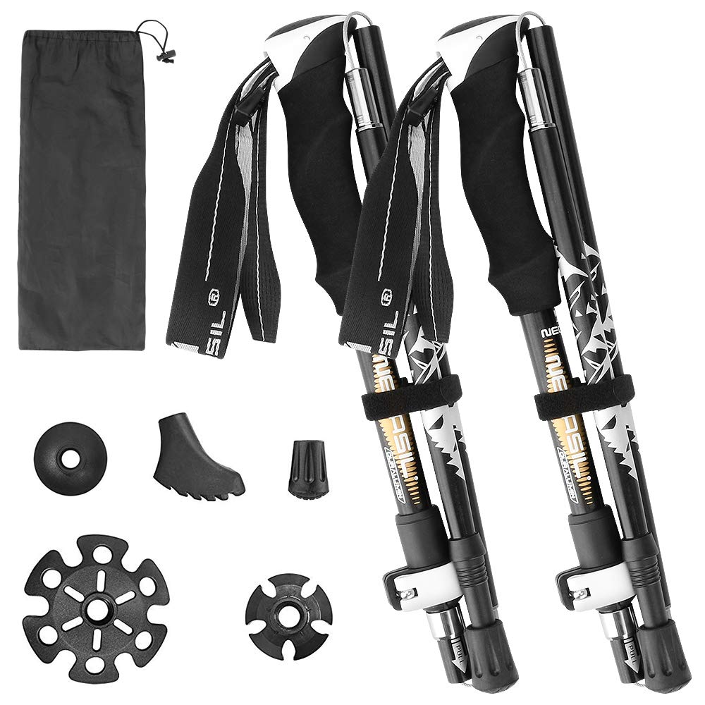 Winkeyes Folding Hiking Poles - 2pc Pack Collapsible Trekking Poles Lightweight & Antishock Aluminum 7075 Walking Stick with Adjustable Quick Flip-Lock for Men, Women, Black